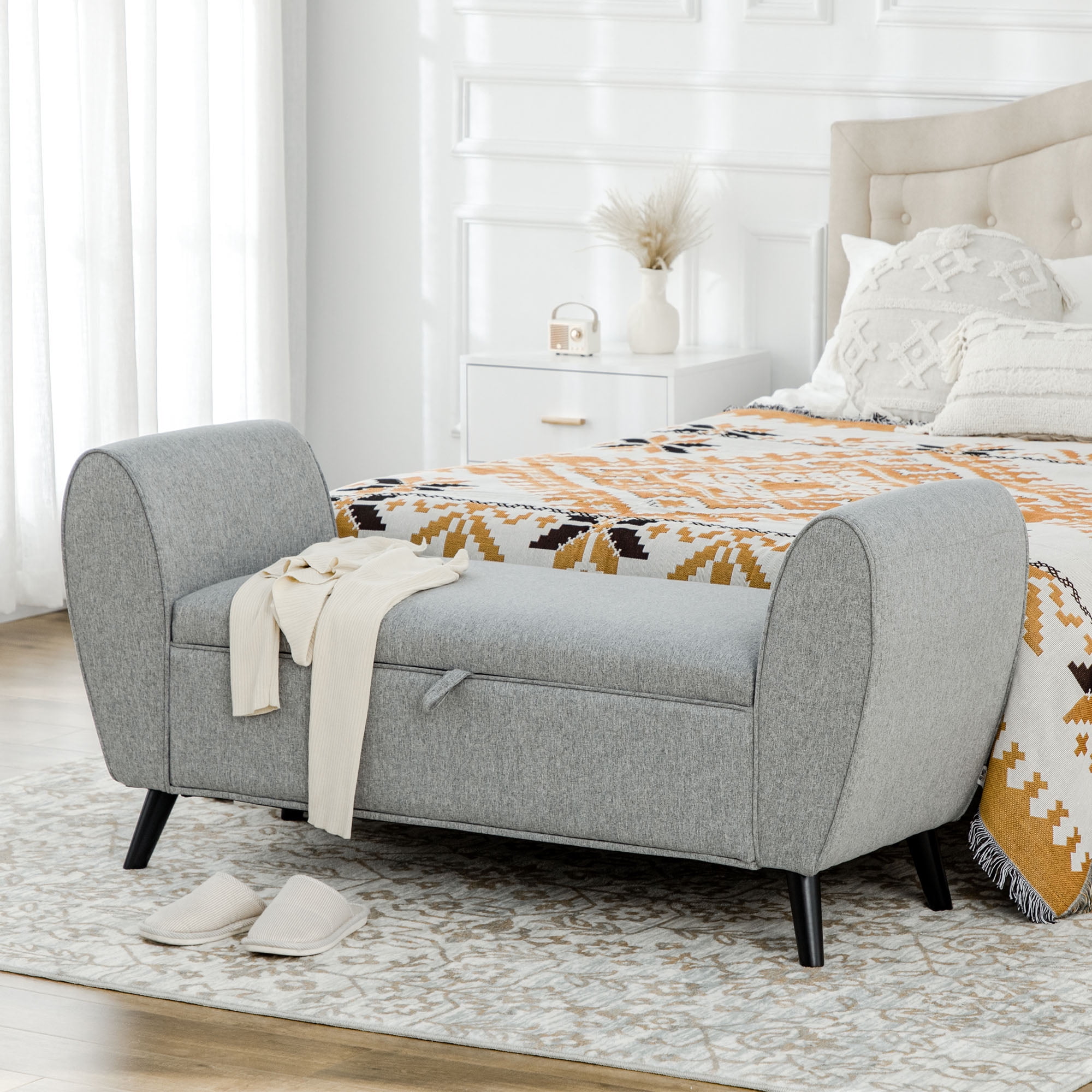 HOMCOM Modern Upholstered Ottoman Bench with Storage, Light Gray ...