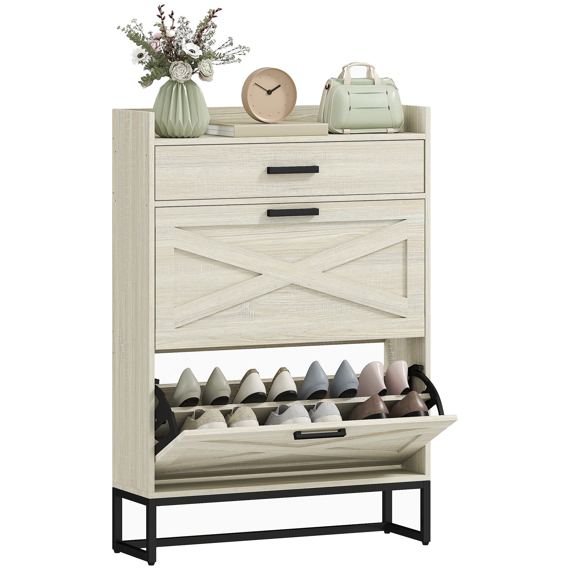 HOMCOM Narrow Shoe Cabinet, Industrial Shoe Storage Cabinet with 2 Flip ...