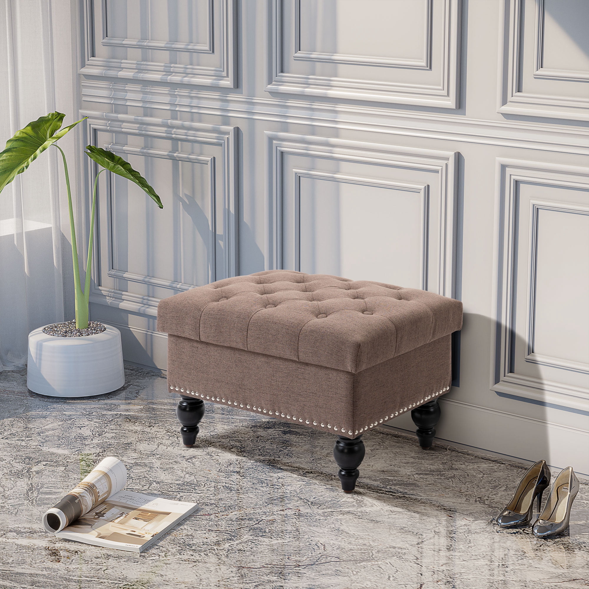 "HOMCOM Large Bedroom Ottoman with Storage, 25"" Button-Tufted Fabric ...