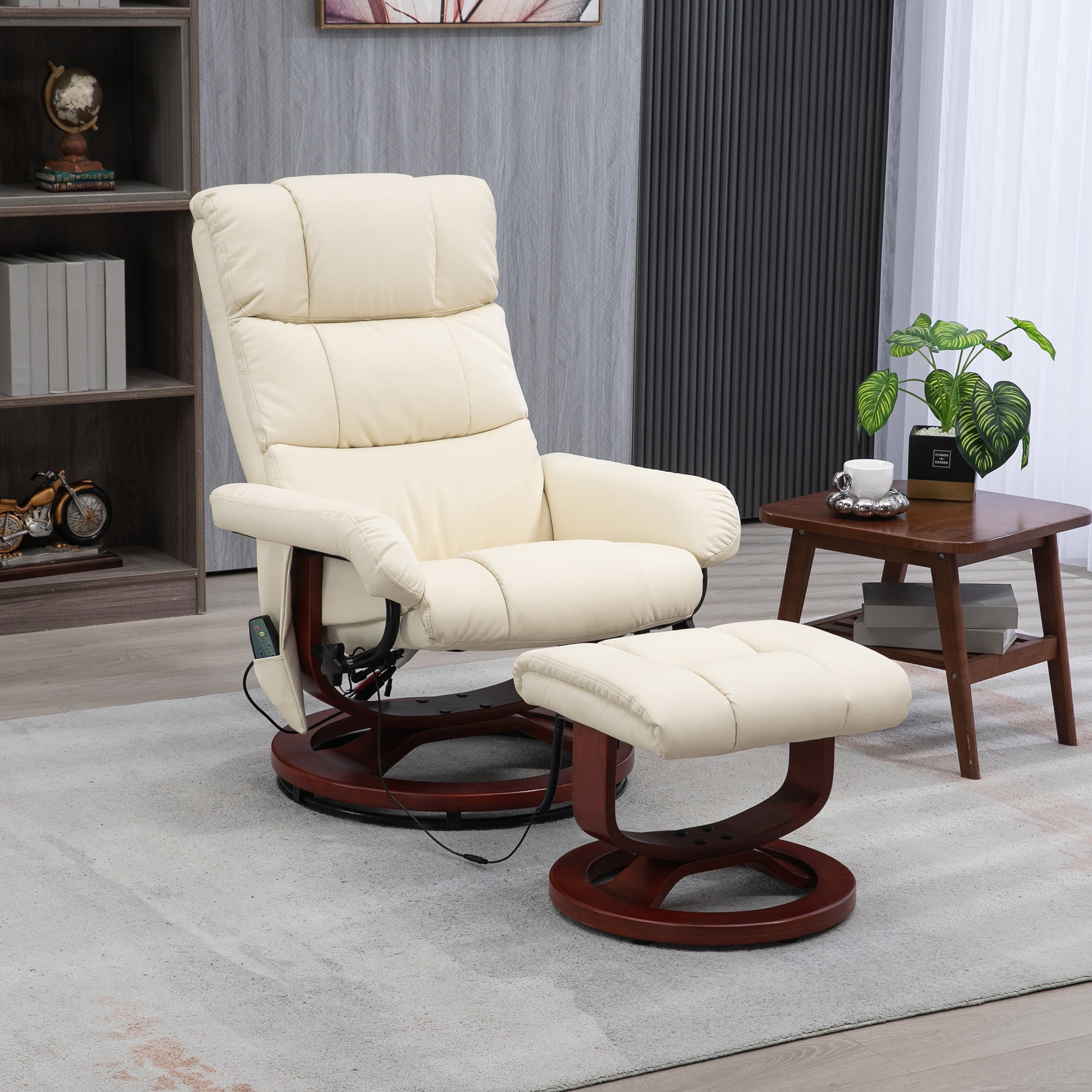 HOMCOM PU Leather Massage Recliner with Ottoman and Remote, Cream White ...
