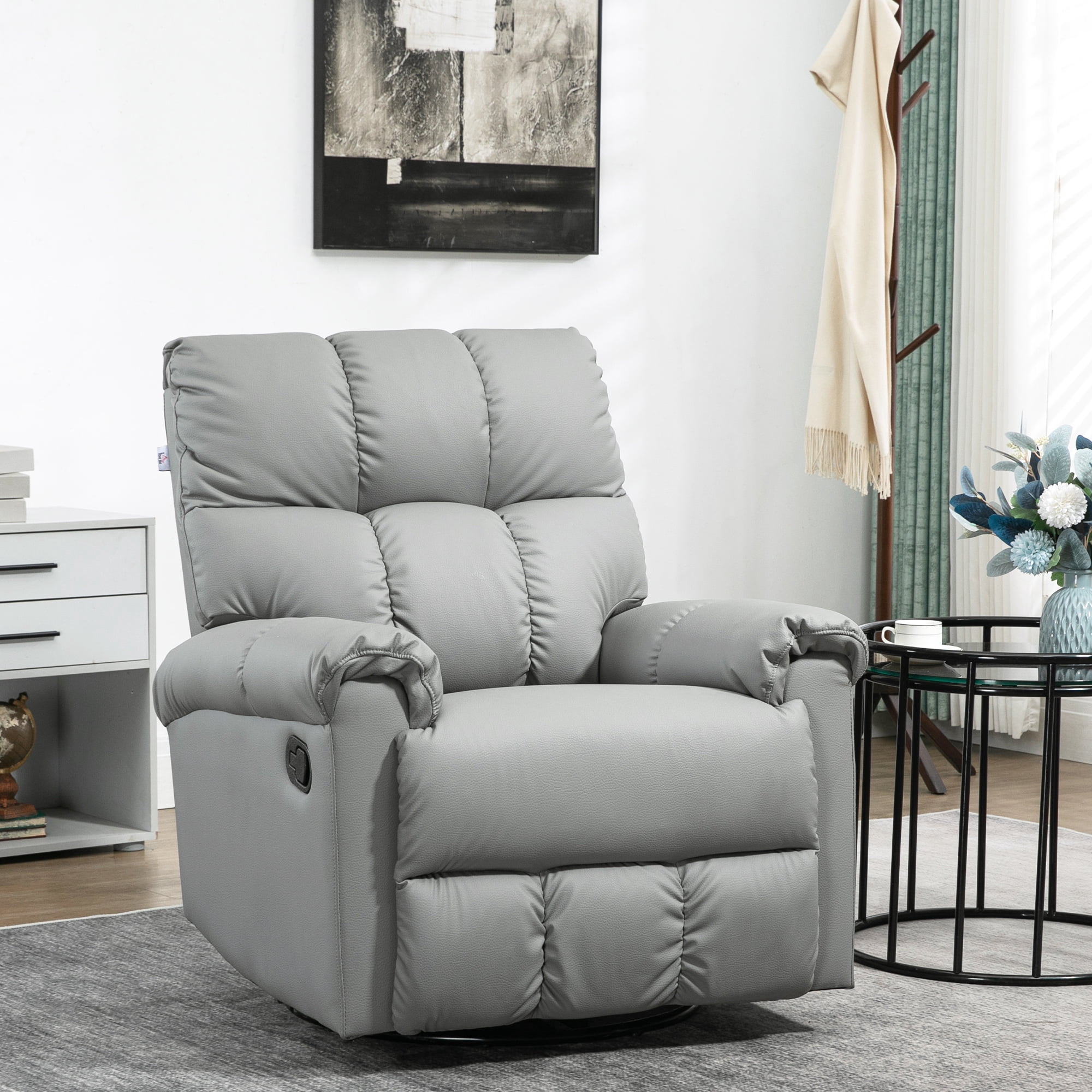 HOMCOM Gray Faux Leather Recliner Chair, Swivel and Reclining Sofa with ...