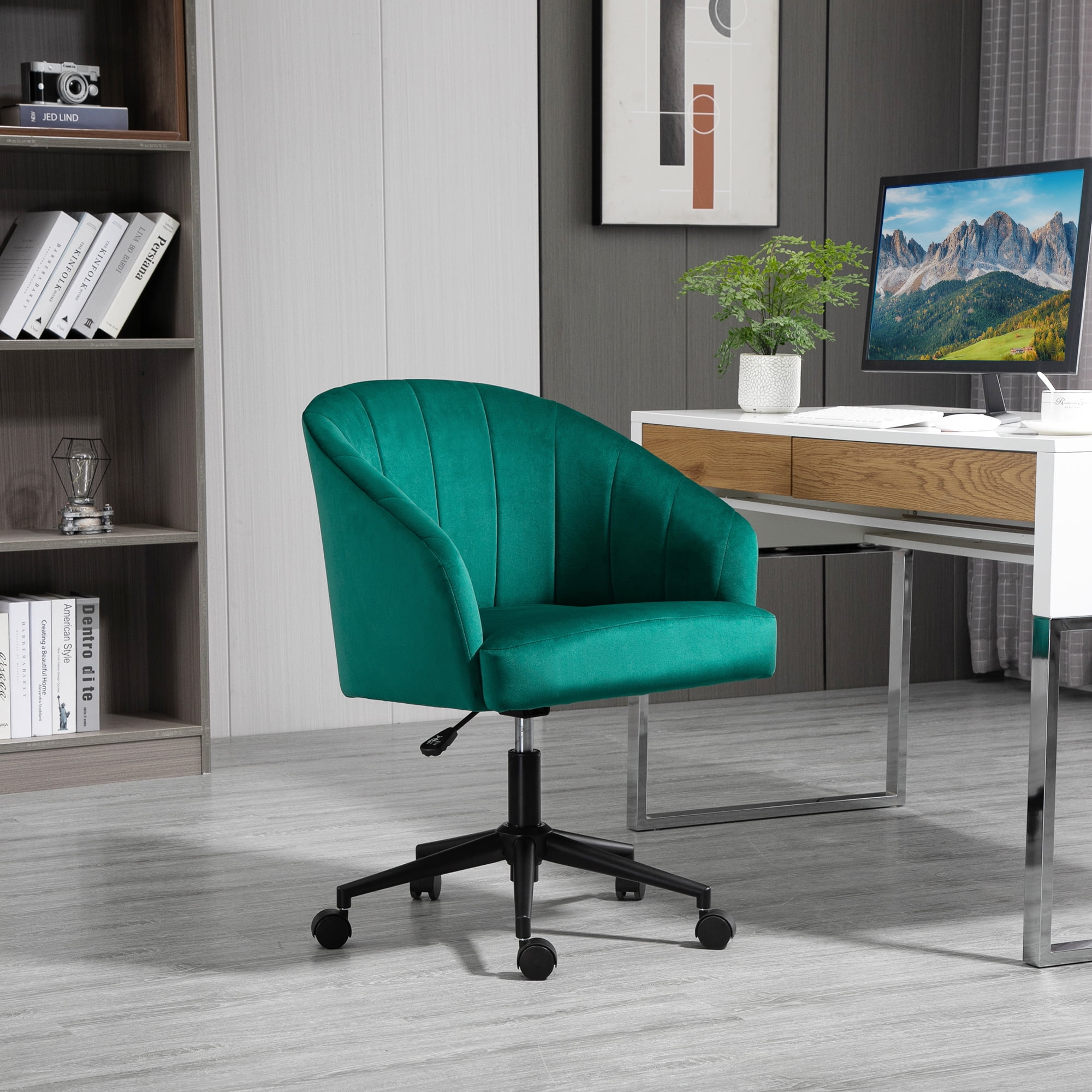 HOMCOM Retro Mid-Back Swivel Fabric Computer Desk Chair Height ...