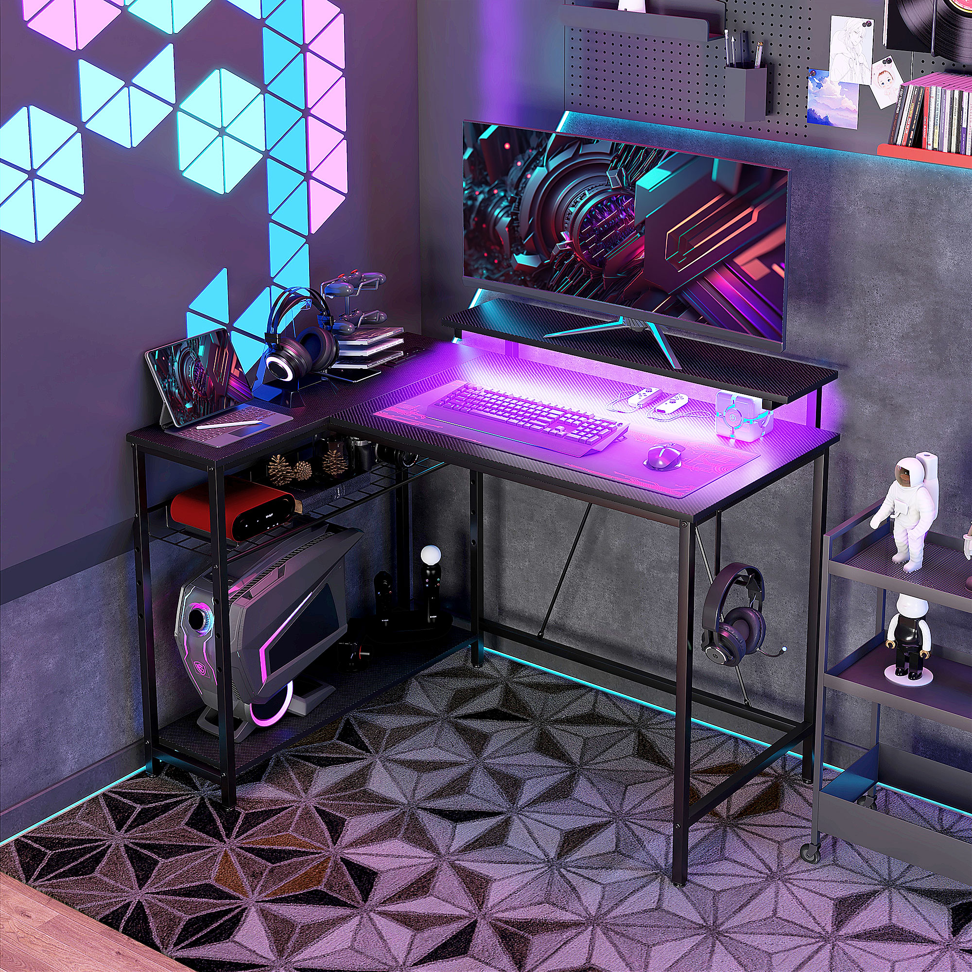 HOMCOM Reversible L Shaped Desk with Lights Power Outlet USB Ports ...