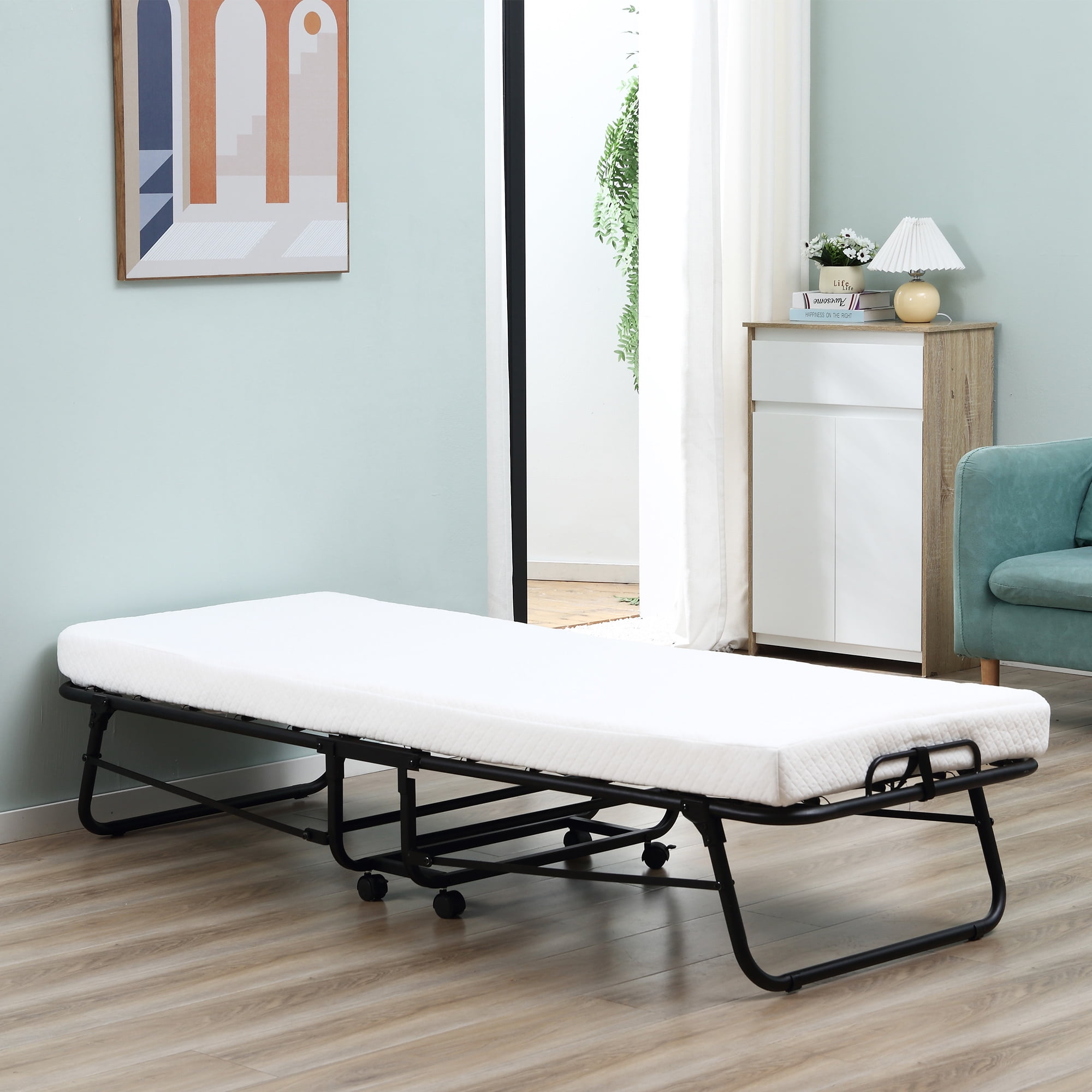 HOMCOM Rollaway Bed, Folding Bed with 4" Mattress, Portable Foldable ...