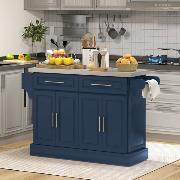 Rolling Kitchen Island with Stainless Steel Top, 2 Drawers, Spice ...