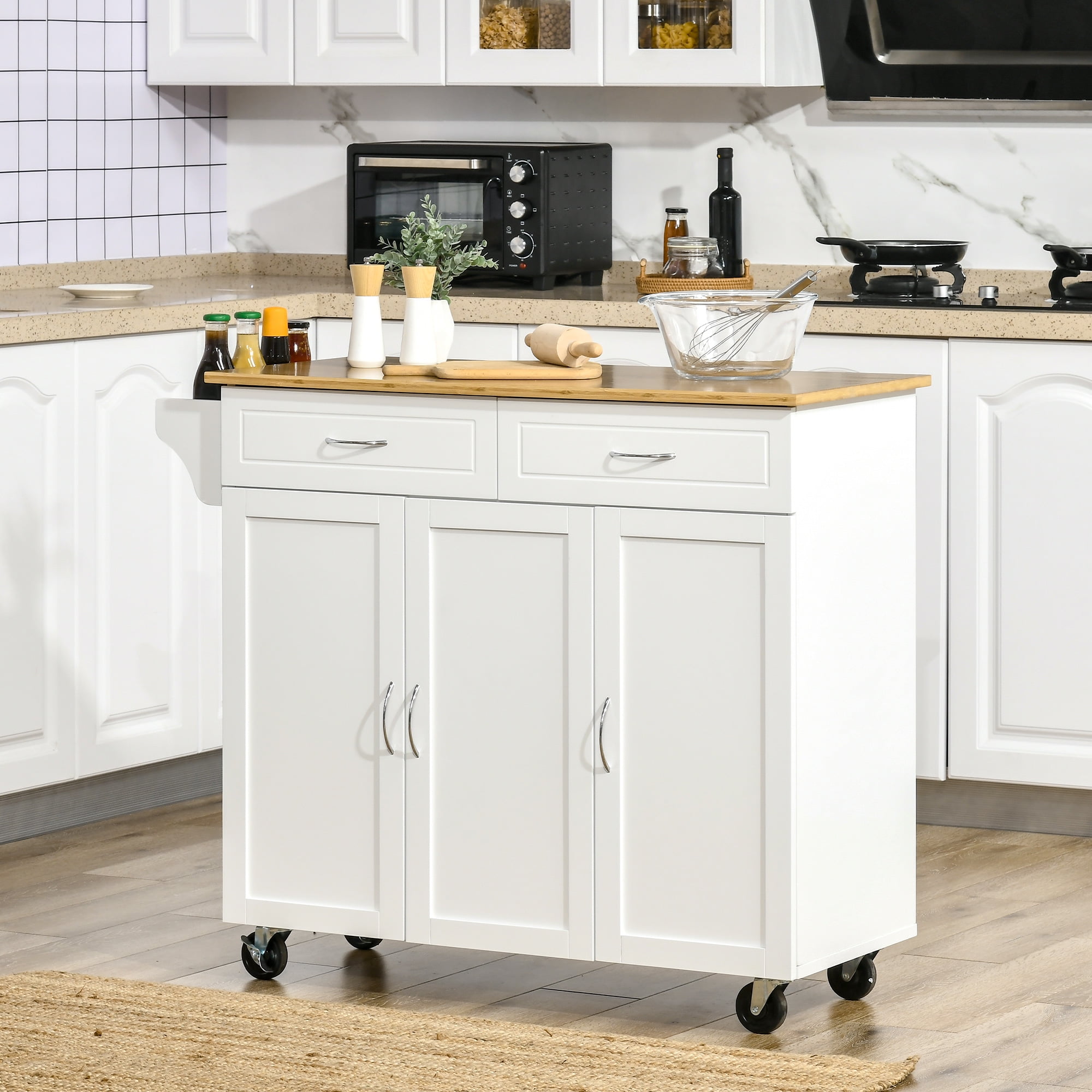 HOMCOM Rolling Kitchen Island Cart on Wheels with Large Bamboo ...