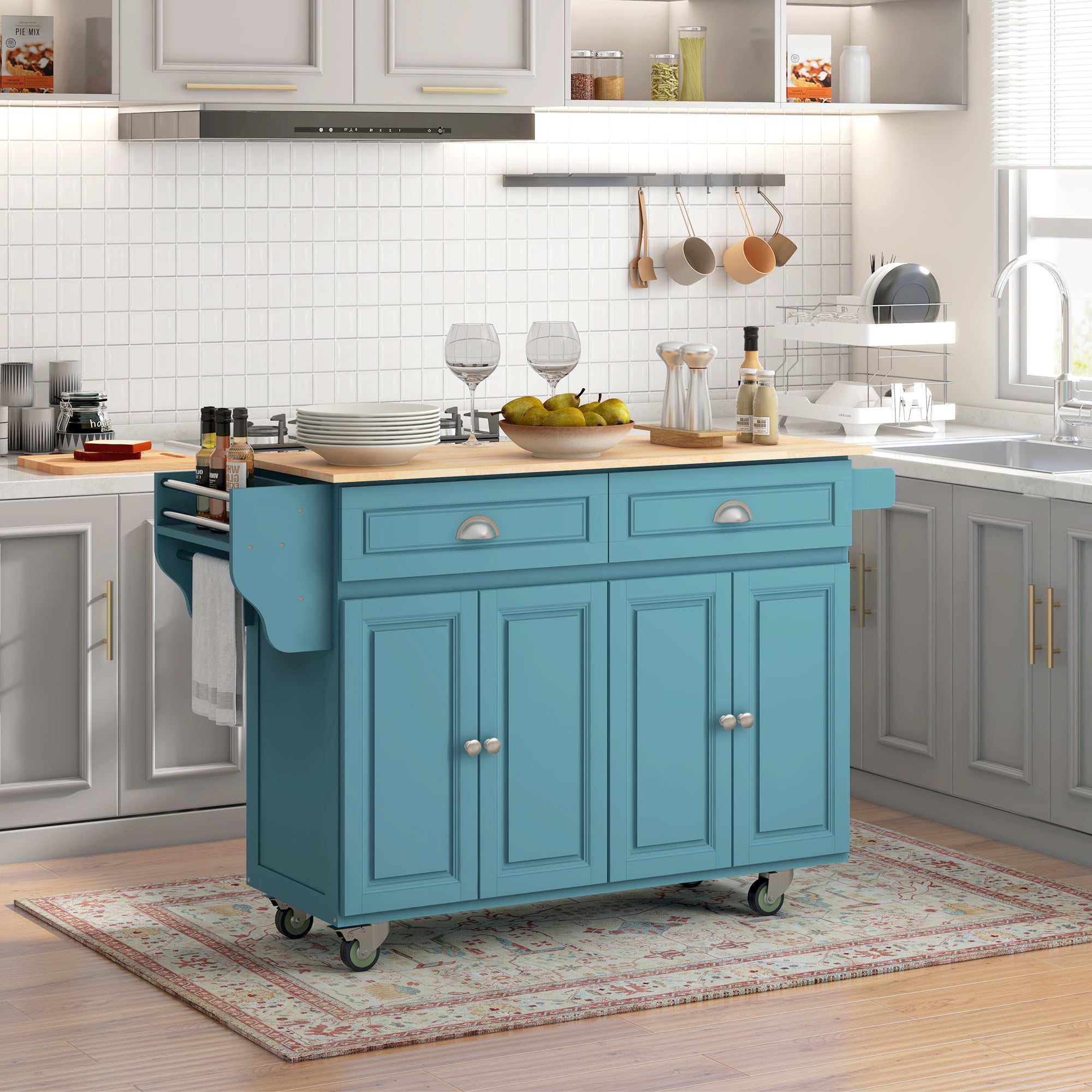 HOMCOM Rolling Kitchen Island Drop Leaf, Kitchen Cart on Wheels, Solid ...