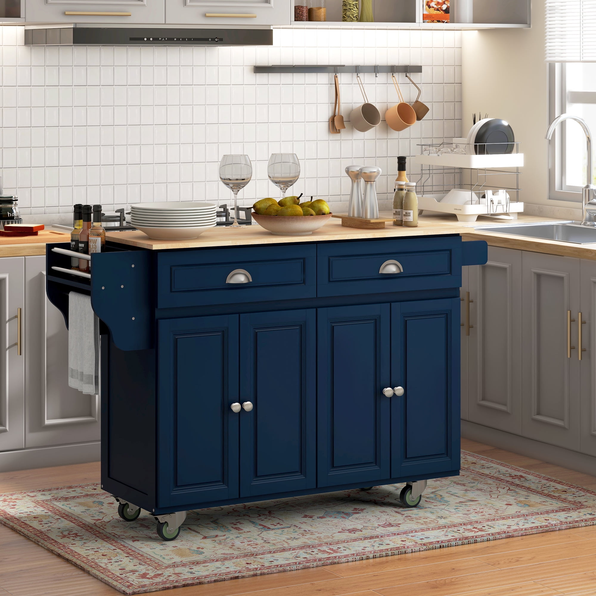 HOMCOM Rolling Kitchen Island Drop Leaf, Kitchen Cart on Wheels, Solid ...