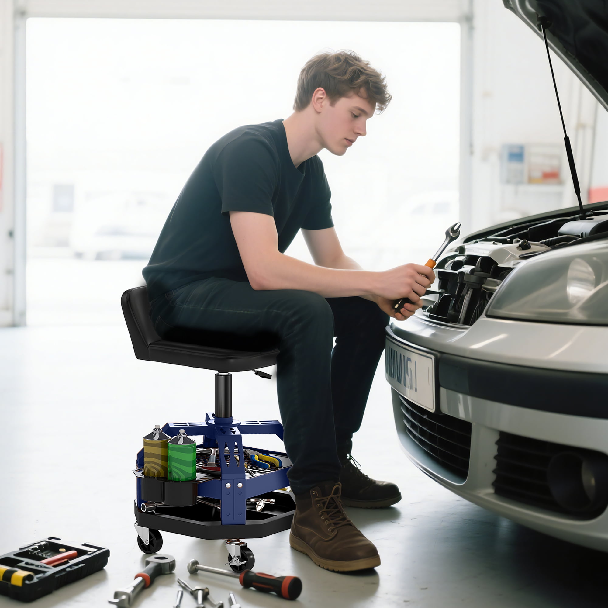 HOMCOM Rolling Mechanic Stool, 300 LBS Capacity Garage Stool with ...