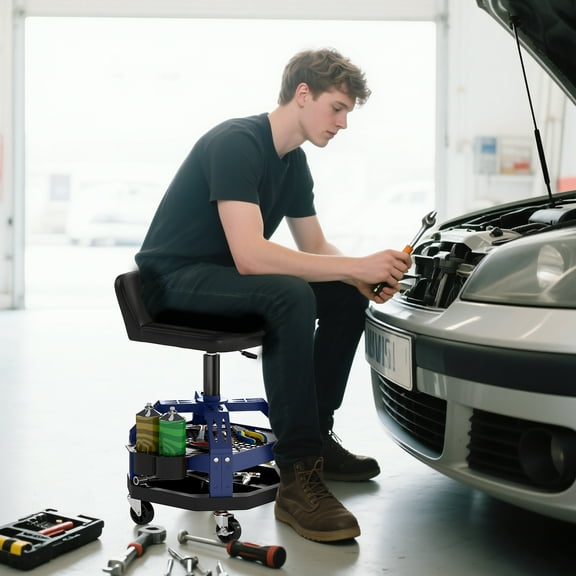Rolling Shop Stool with Wheels Adjustable Garage Mechanic Stool Seat ...