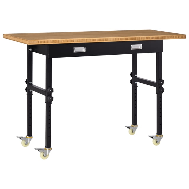 HOMCOM Rolling Work Bench with Drawer, Height Adjustable Legs, Bamboo ...