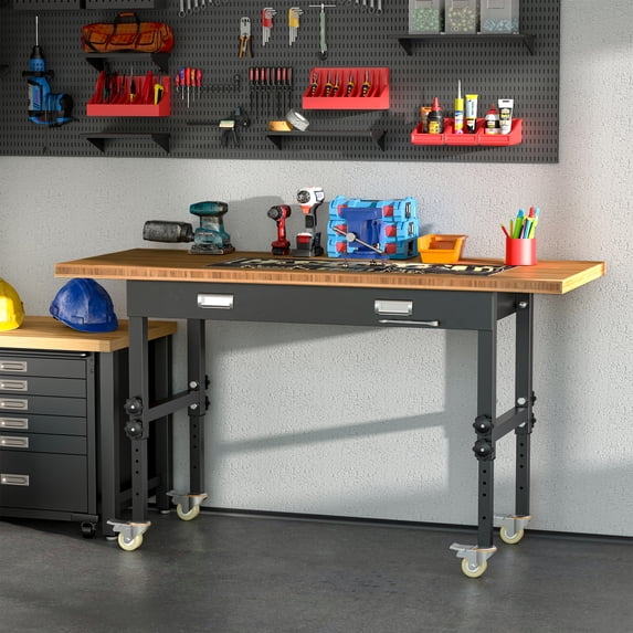 HOMCOM Heavy Duty Work Bench with Tool Storage, Adjustable Legs, Bamboo ...