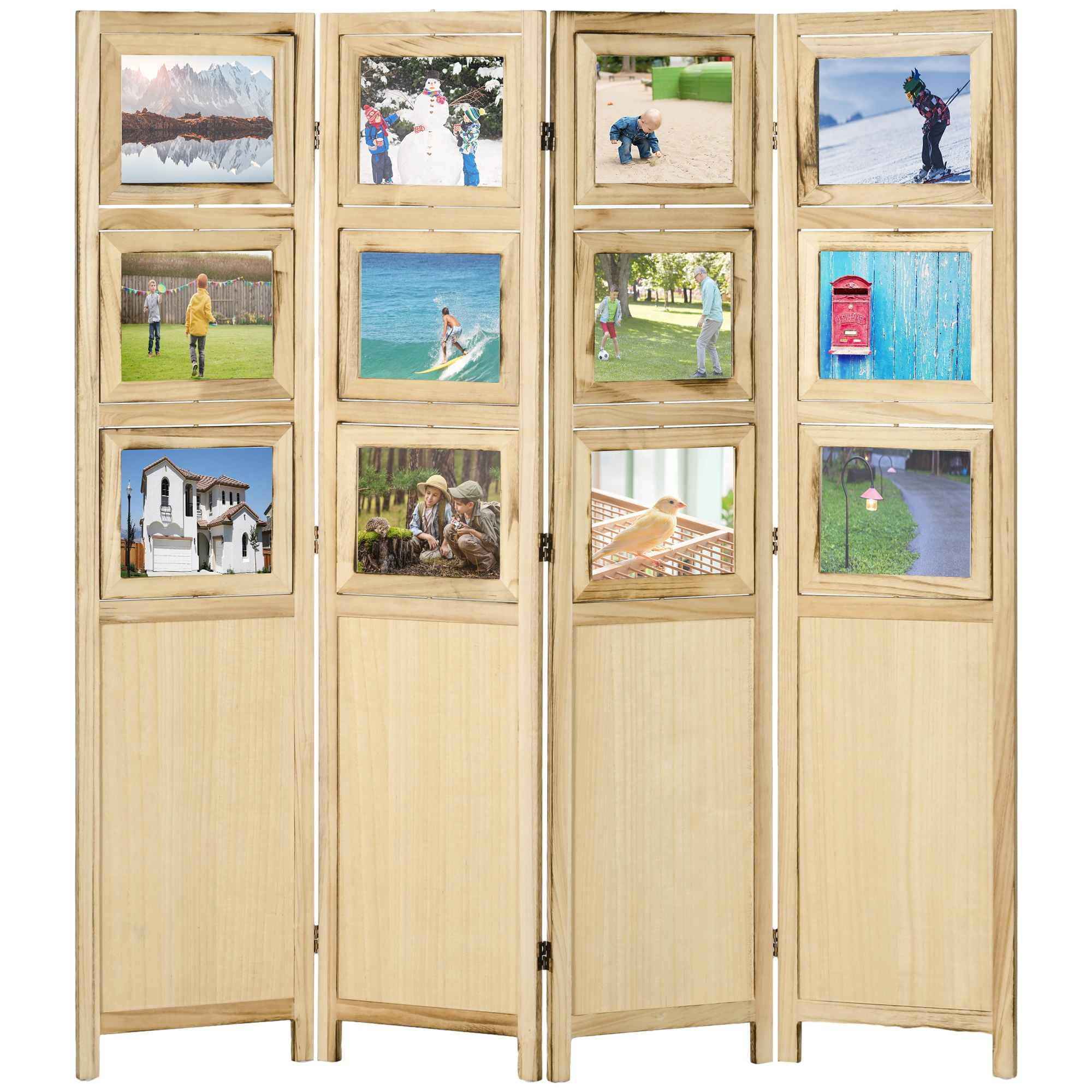HOMCOM Room Divider with Photo Frames 4 Panel Wood Folding Privacy ...
