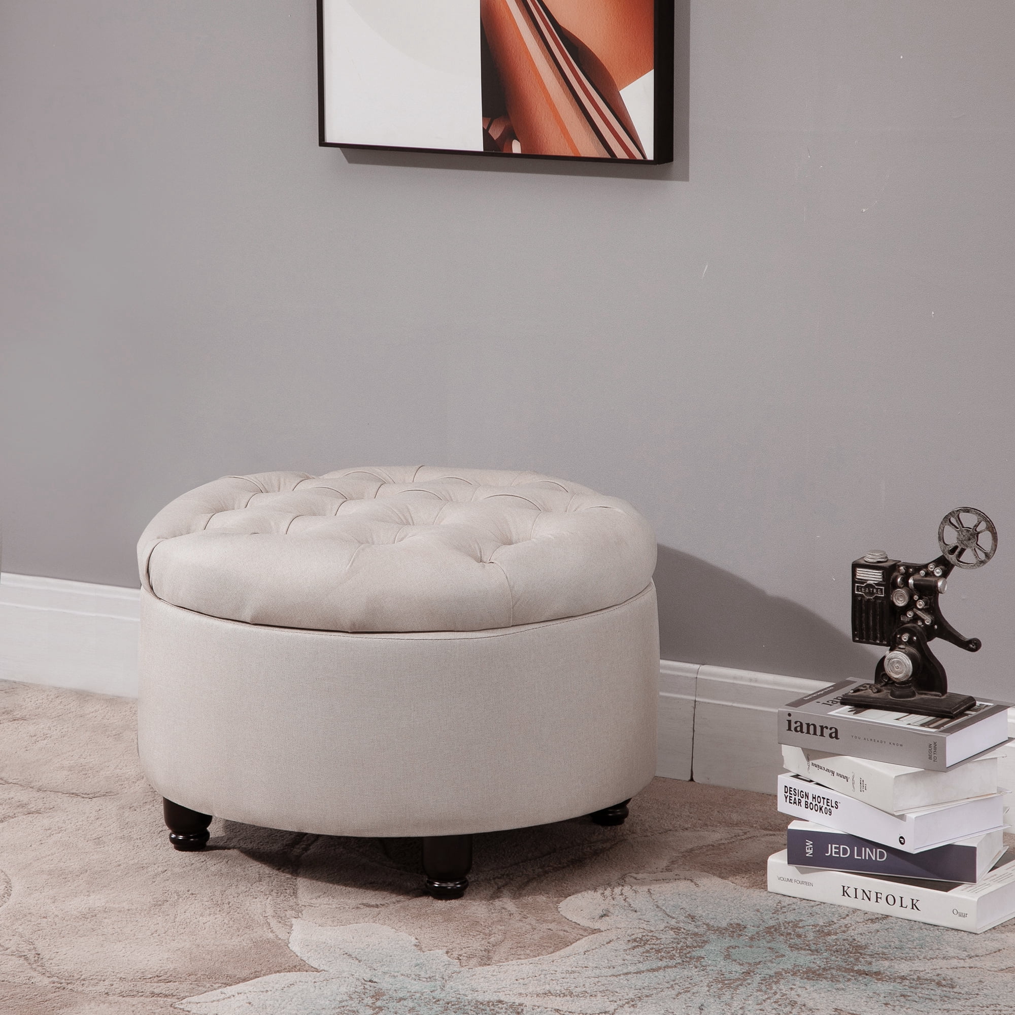 HOMCOM Round Linen touch Fabric Storage Footstool Ottoman Button Tufted Footrest with Removable Lid Beige Walmart