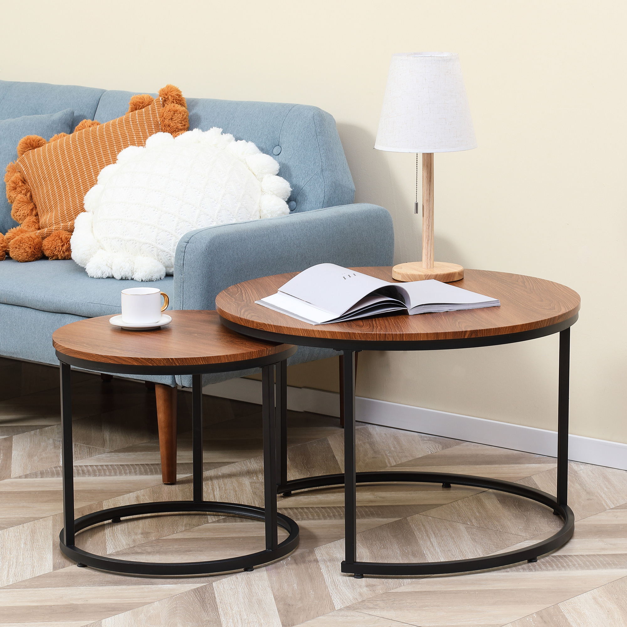 HOMCOM Round Nesting Tables Set of 2, Stacking Coffee Table Set with ...