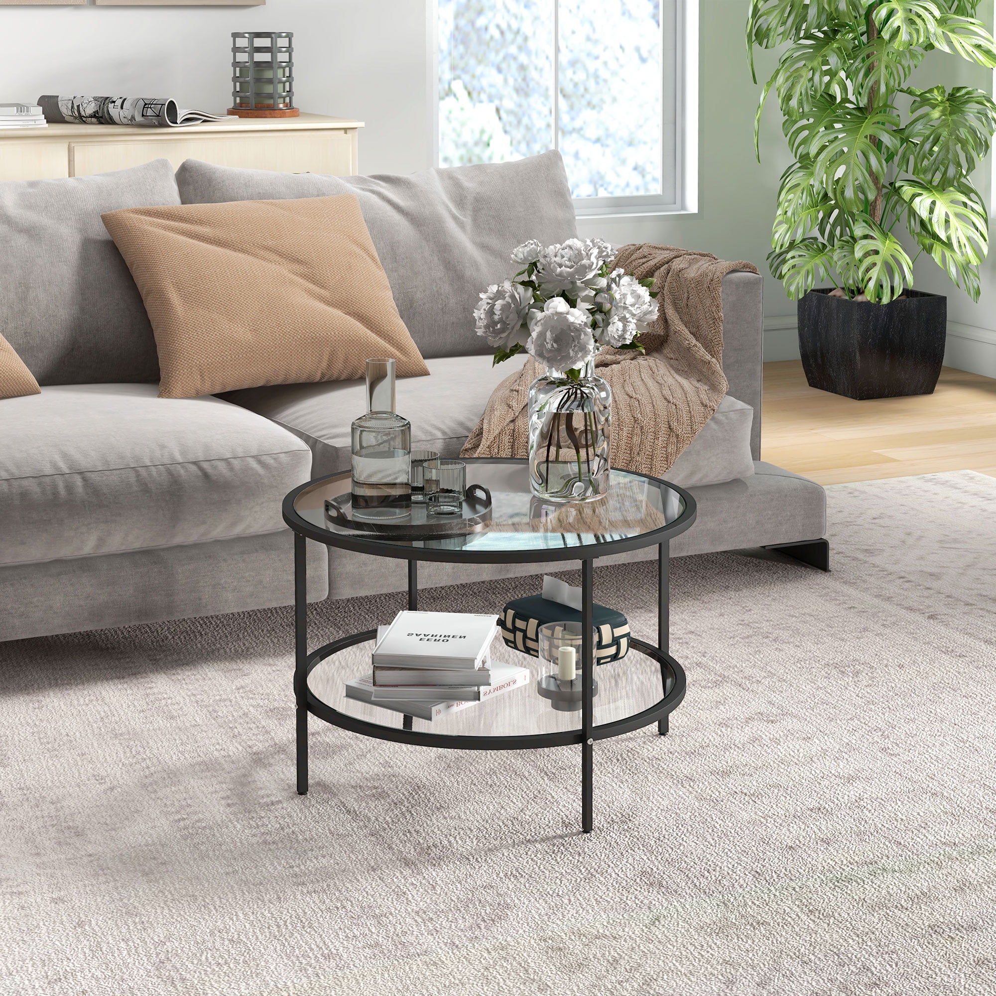 HOMCOM Round Side Table with Storage, 2-Tier End Table Tempered Glass ...