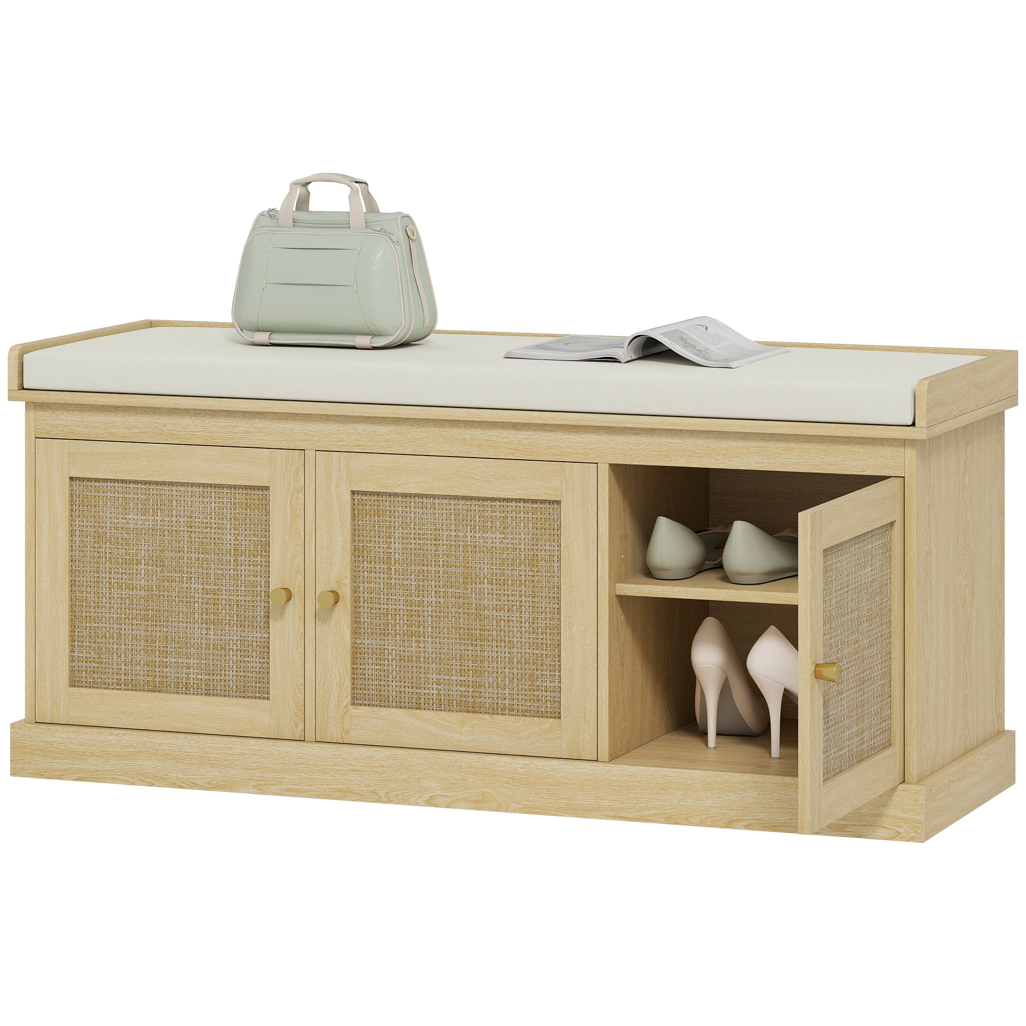 HOMCOM Shoe Bench with Rattan Doors, Cushion, Entryway Shoe Storage ...