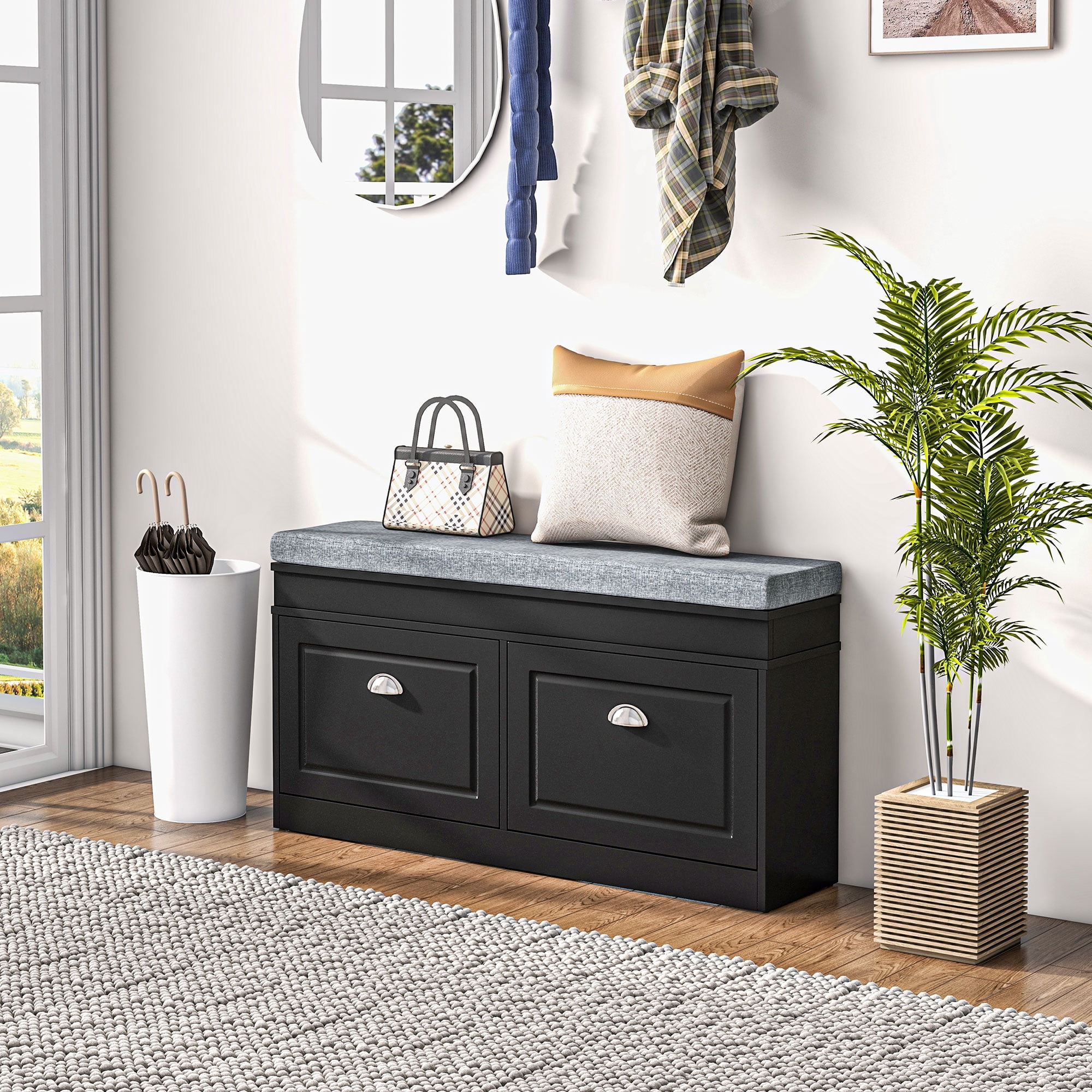 HOMCOM Entryway Shoe Rack Bench with Cushion, 2 Drawers, Holds 8 Pairs ...