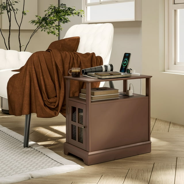 HOMCOM Side Table with Charging Station, Narrow End Table with USB ...