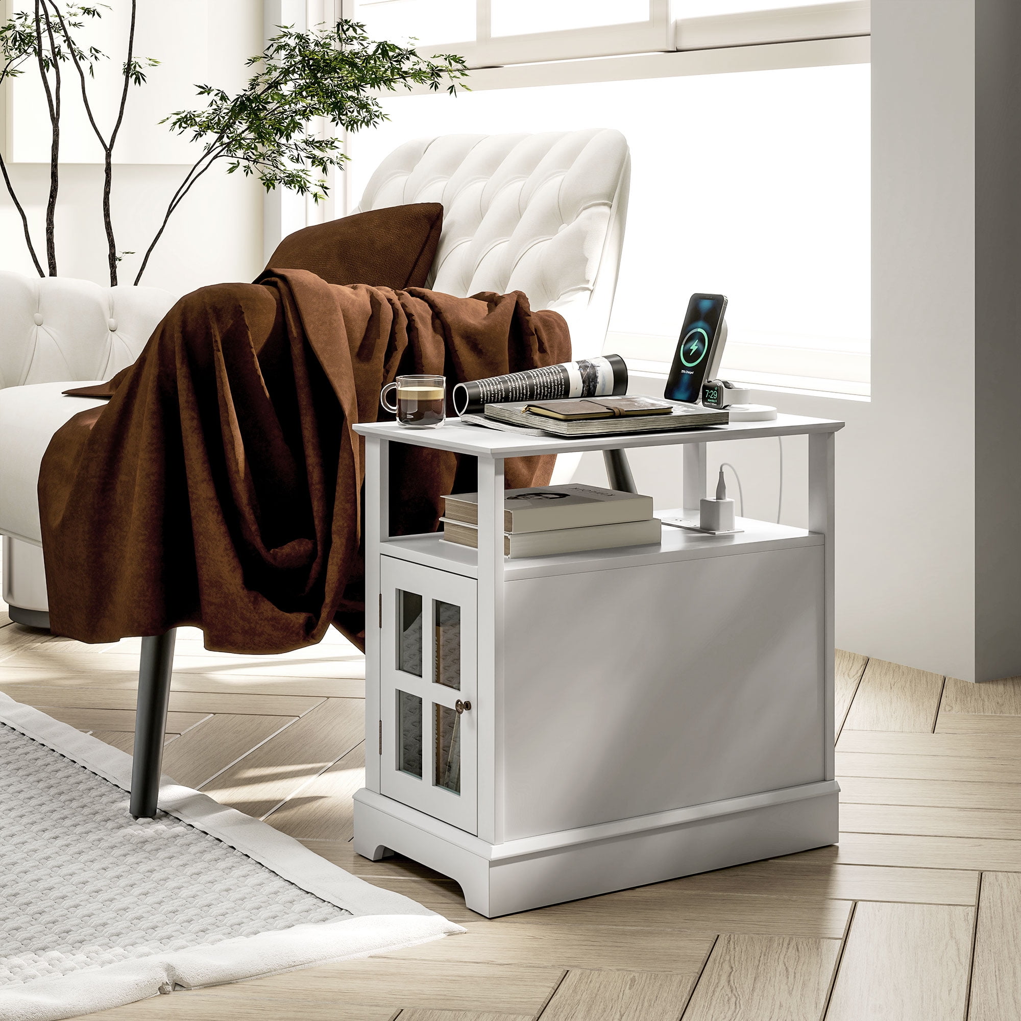HOMCOM Side Table with Charging Station, Narrow End Table with USB ...