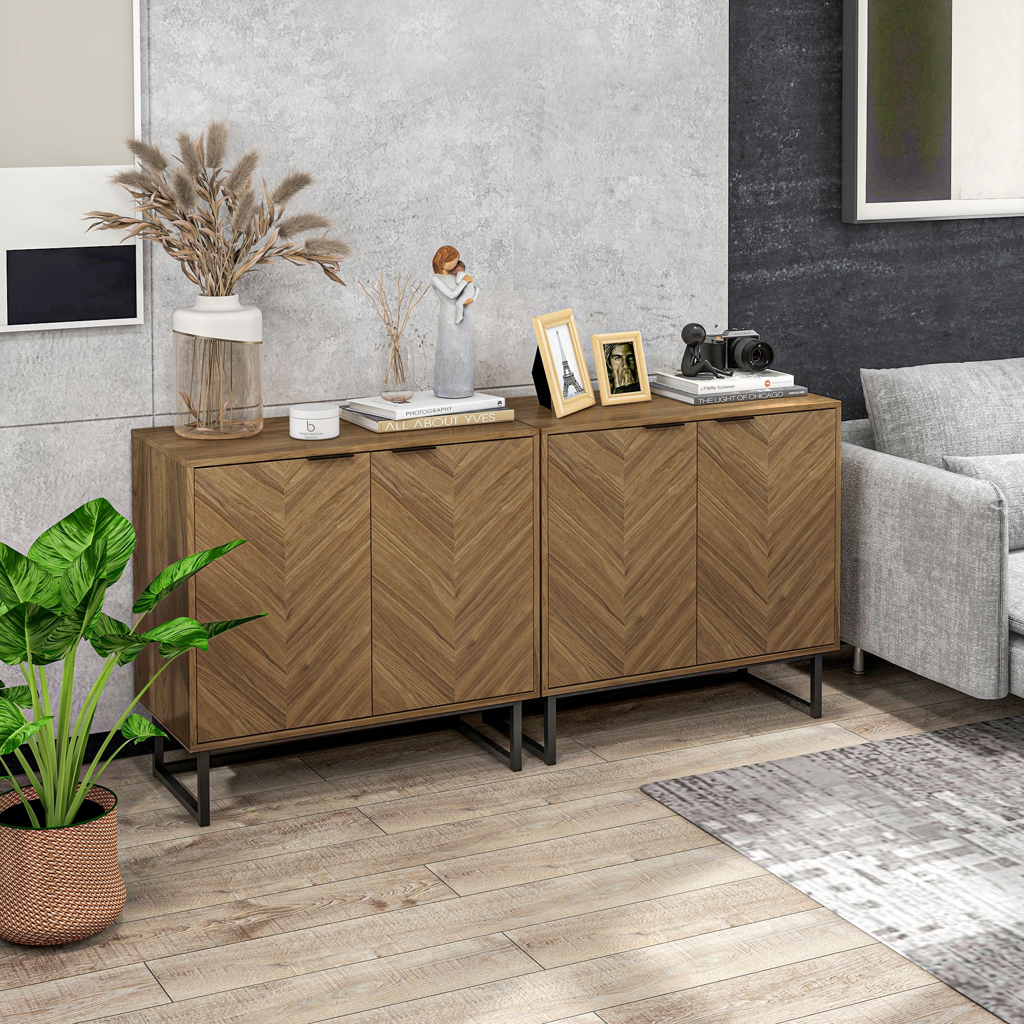 HOMCOM Sideboard Buffet Cabinet with Chevron Double Doors Set of 2 Walnut