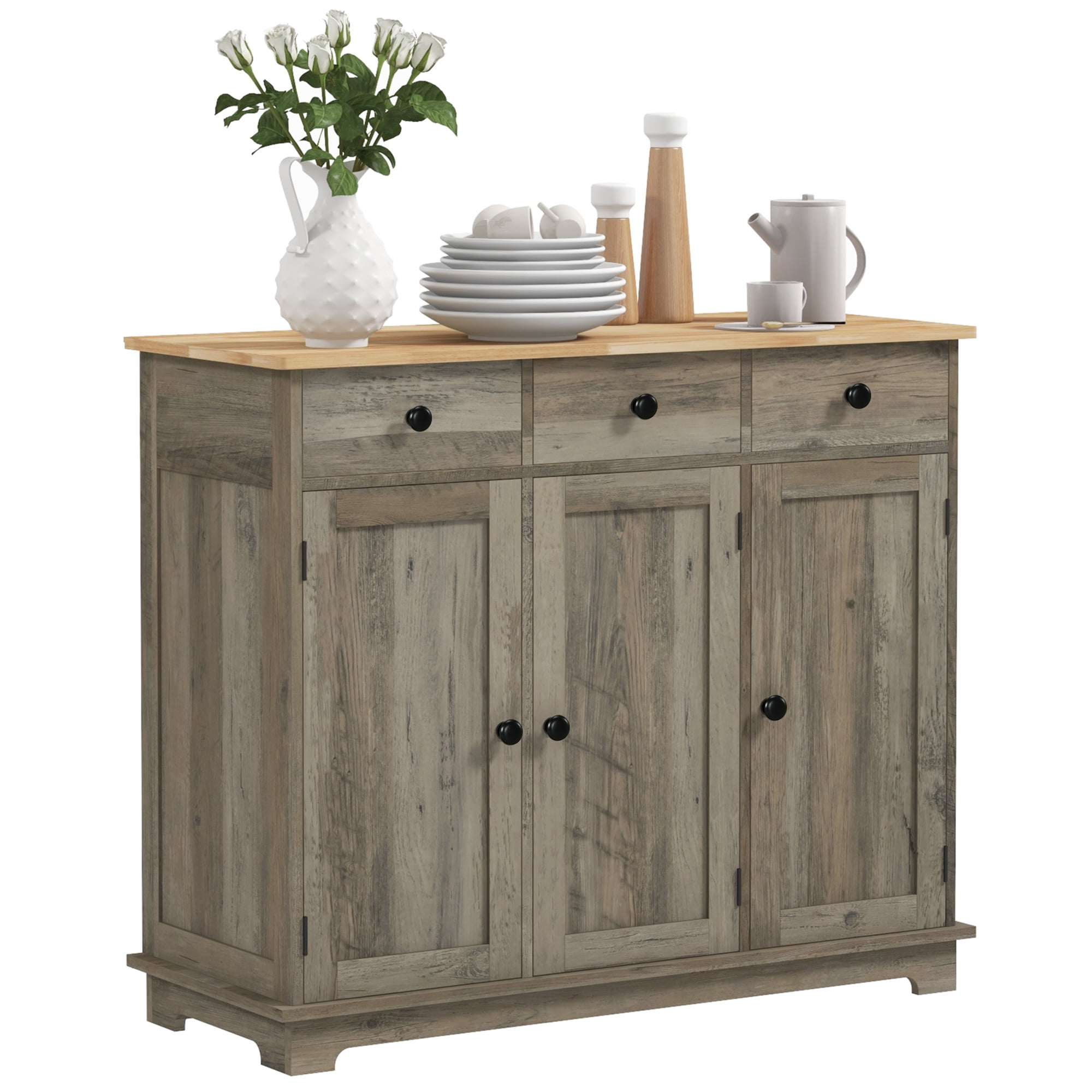 HOMCOM Sideboard Buffet Cabinet with Rubberwood Top and Drawers, Gray ...