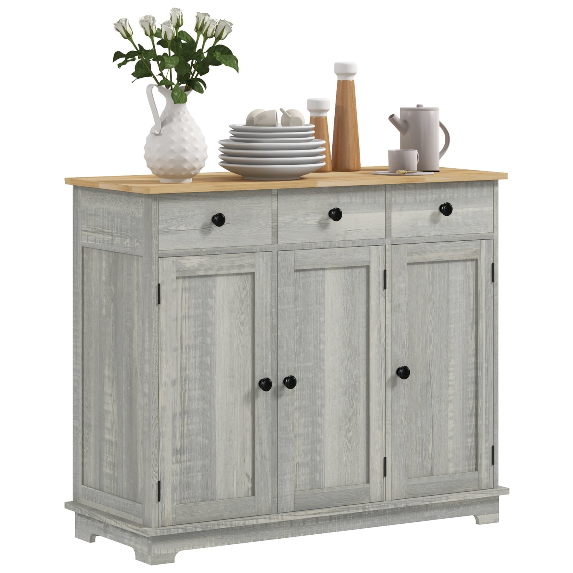 HOMCOM Sideboard Buffet Cabinet with Rubberwood Top and Drawers, Light ...