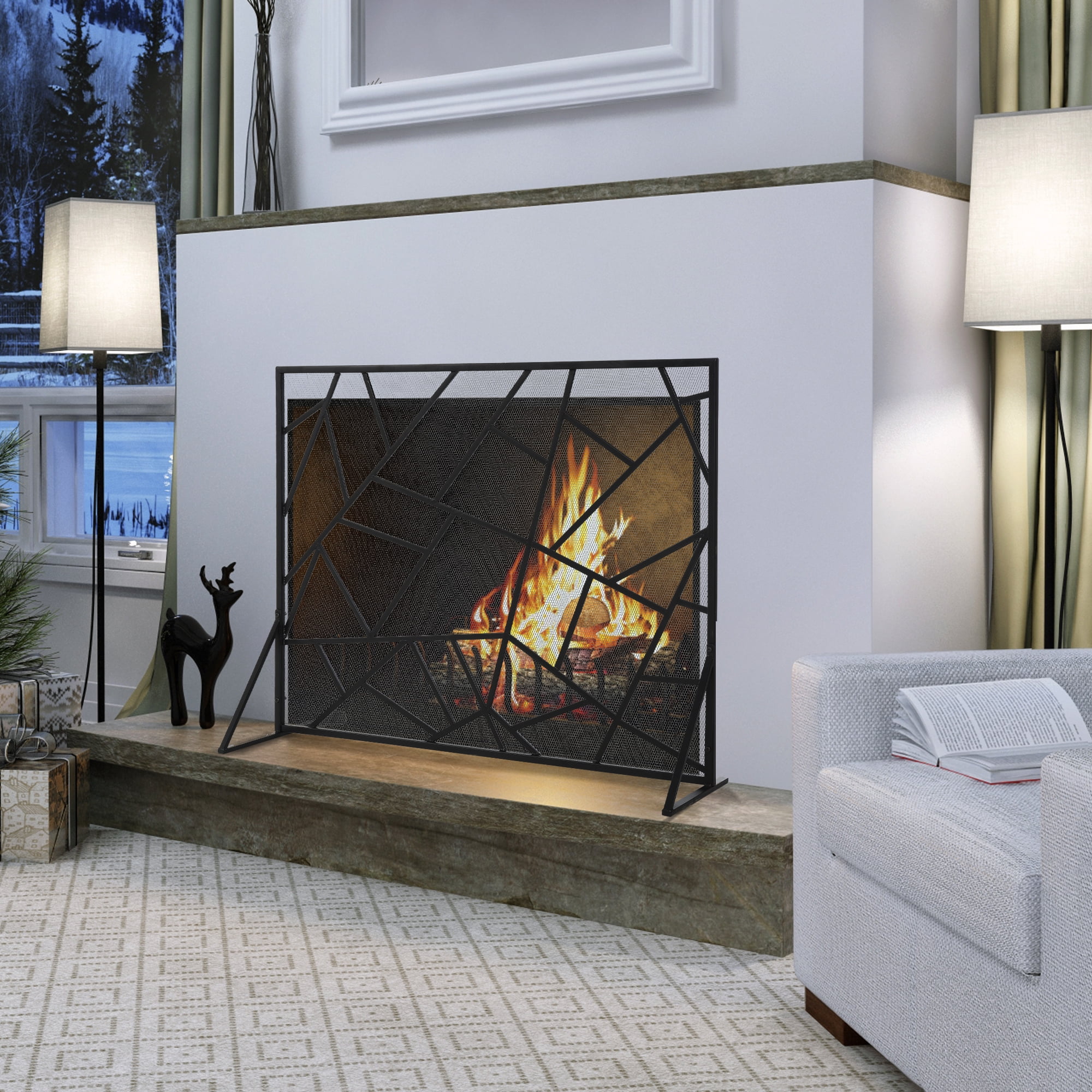 HOMCOM Single-Panel Metal Fireplace Screen Cover Stainless Steel Spark ...