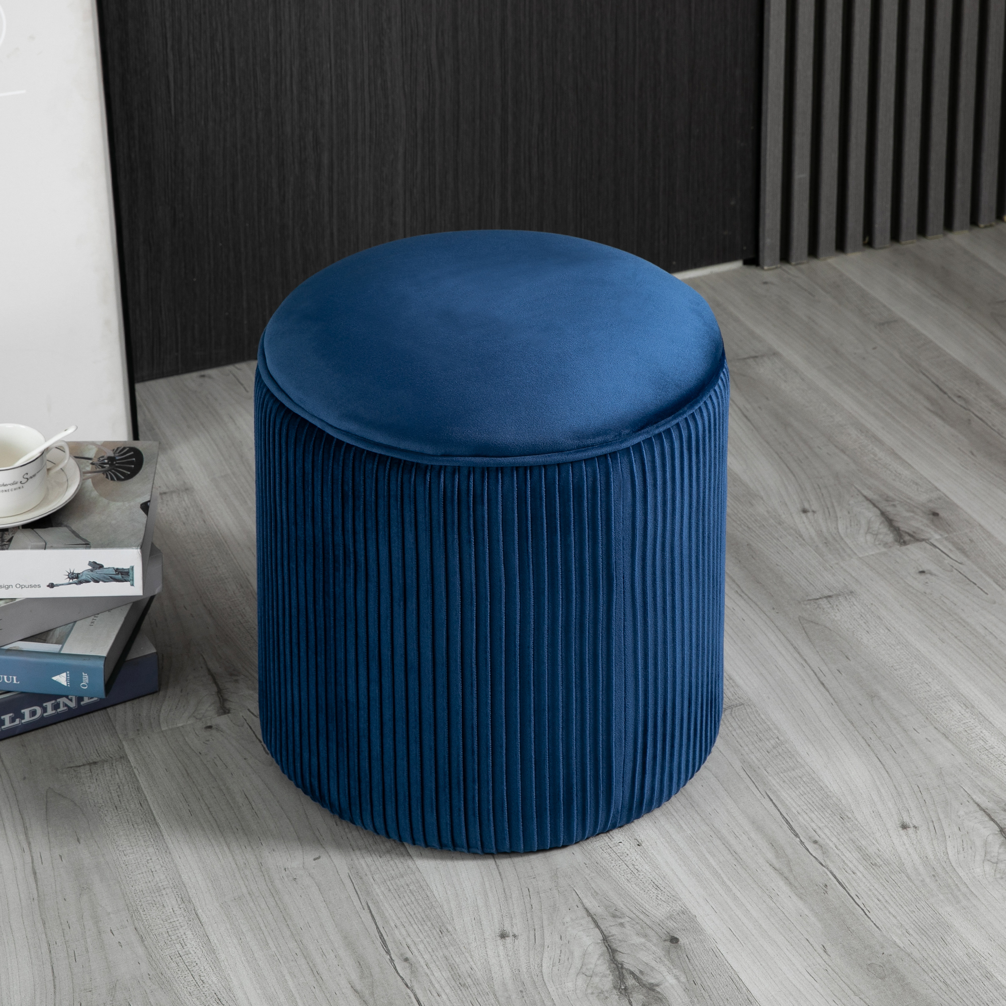 HOMCOM Small Round Velvet Footstool Ottoman Under Desk Foot Rest, Blue ...