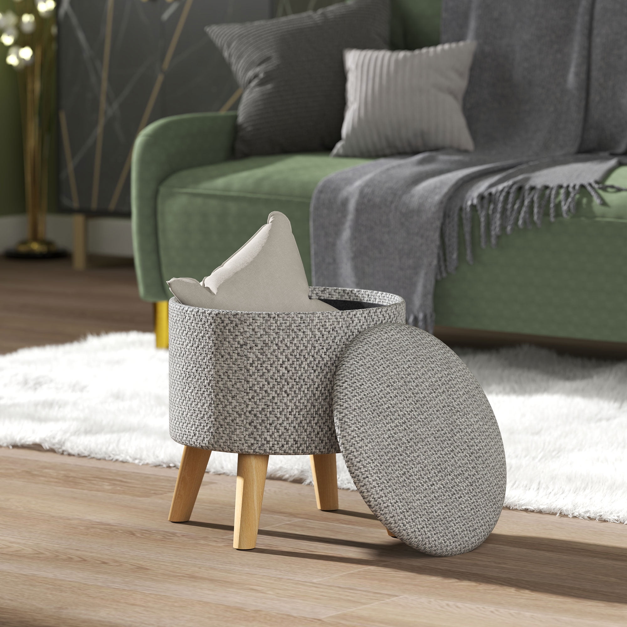 HOMCOM Storage Ottoman, Round Footstool with Linen Feel Fabric ...