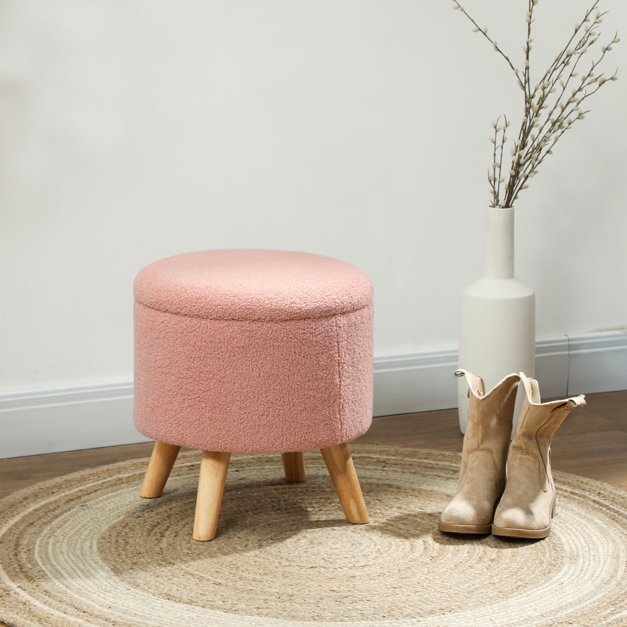 HOMCOM Storage Ottoman, Round Footstool with Linen Feel Fabric ...