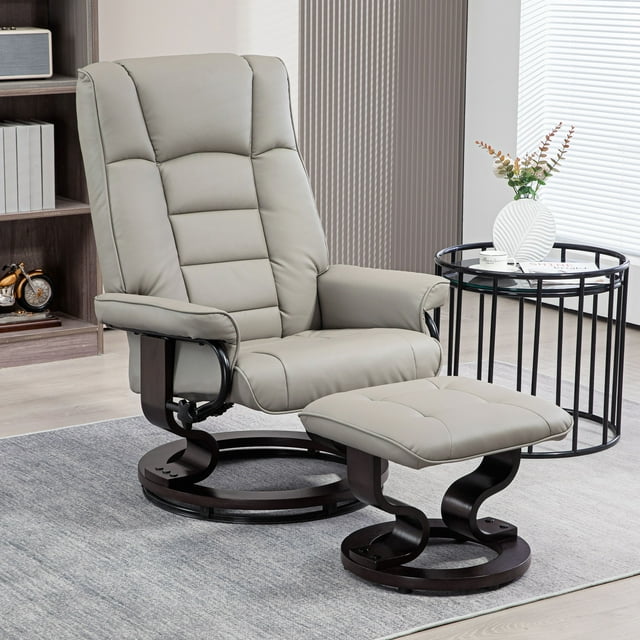 HOMCOM Swivel Recliner with Ottoman, Faux Leather Reclining Chair, Gray ...
