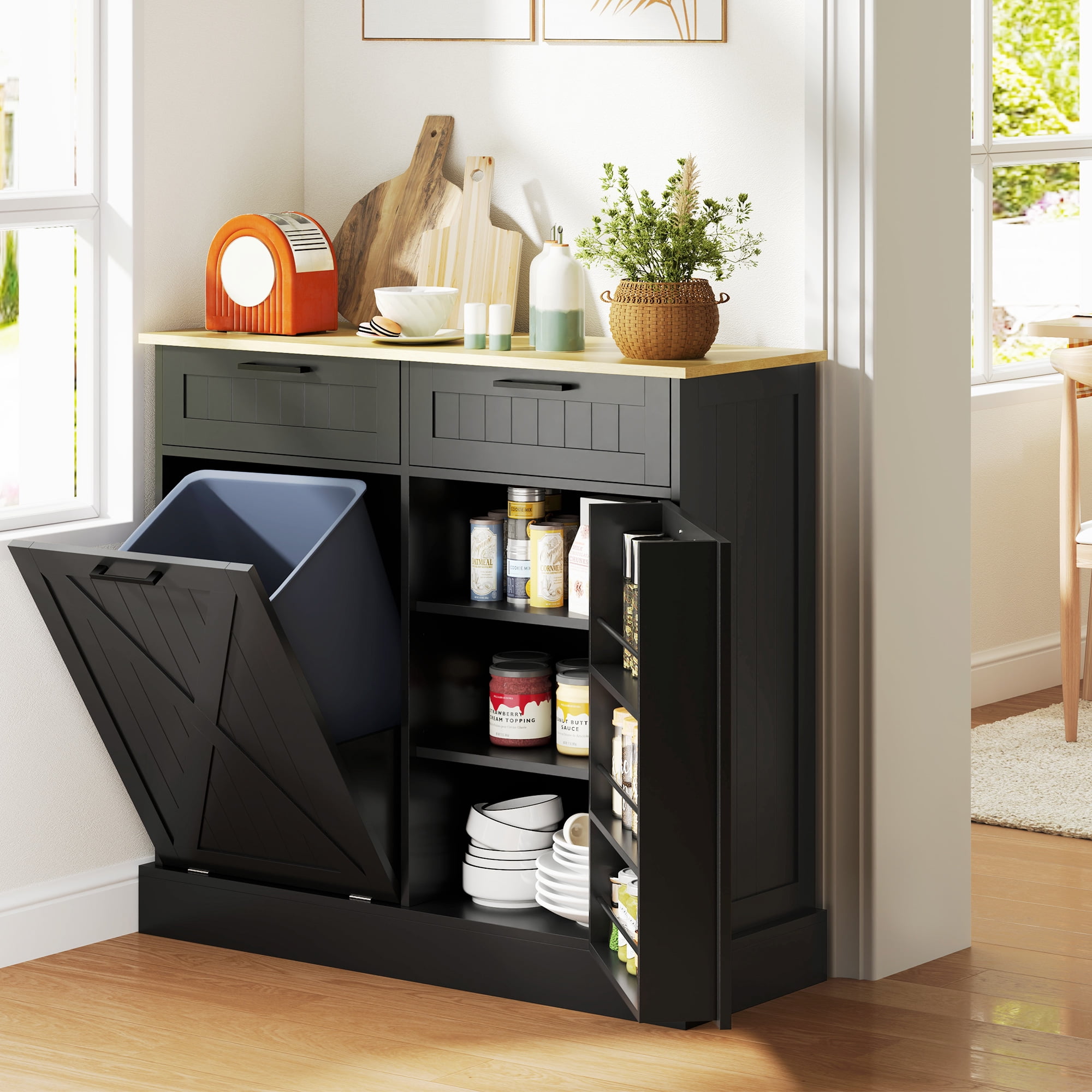 HOMCOM Tilt Out Trash Can Cabinet with Drawers, Farmhouse Kitchen ...