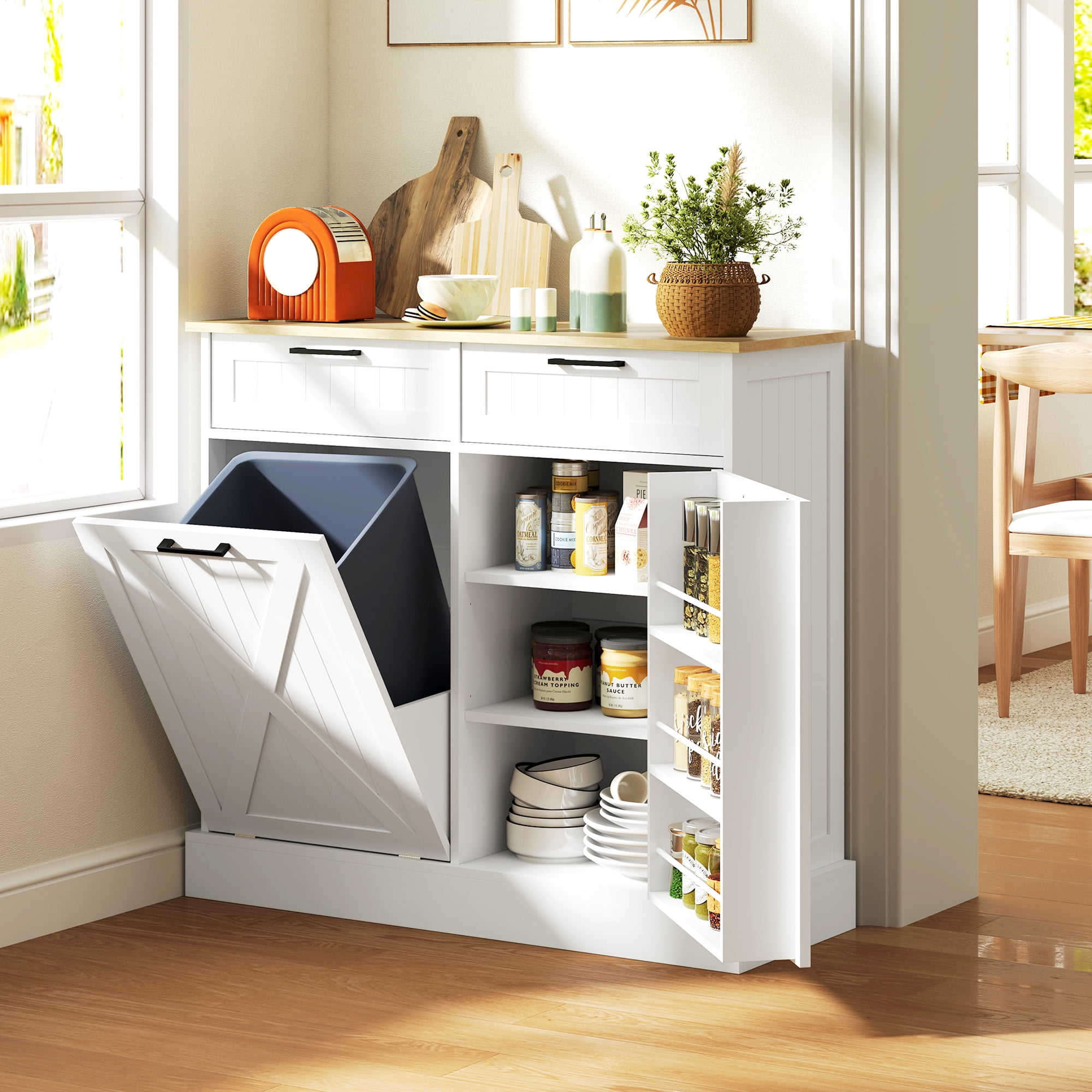 HOMCOM Tilt Out Trash Can Cabinet with Drawers, Farmhouse Kitchen ...