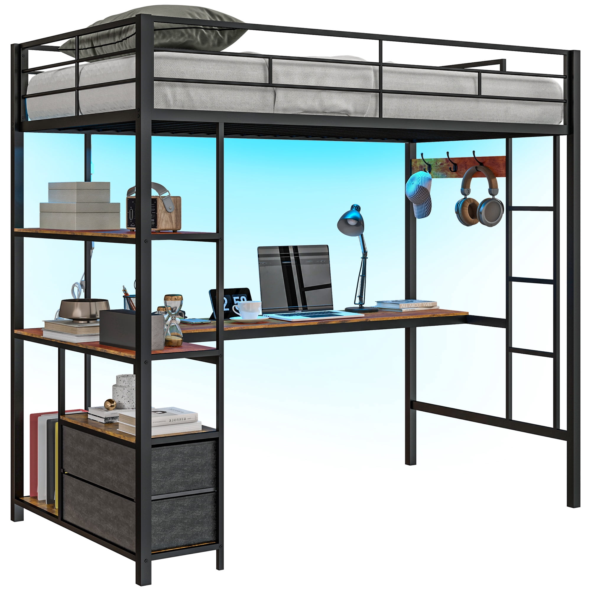 HOMCOM Twin Loft Bed with Desk LED Lights Metal Loft Bed Frame, Black ...