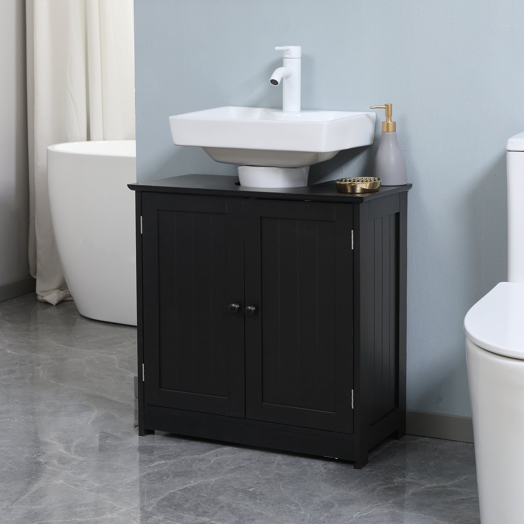 HOMCOM Under Sink Bathroom Cabinet with 2 Doors and Shelf Pedestal Sink Bathroom Vanity Cabinet Black