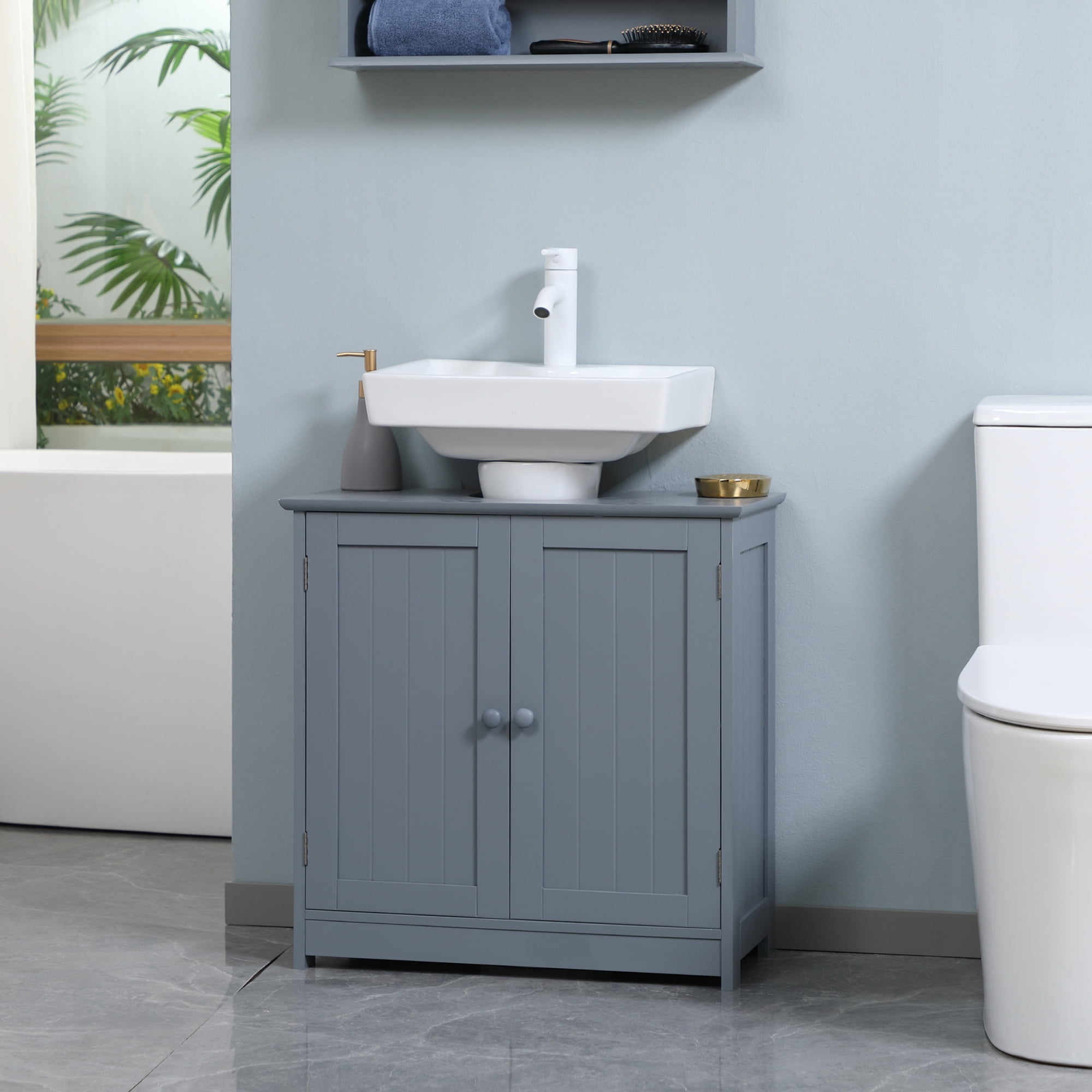 HOMCOM Small Bathroom Bath Storage Furniture Under Sink Cabinet with 2 Doors Adjustable Shelf Gray Walmart