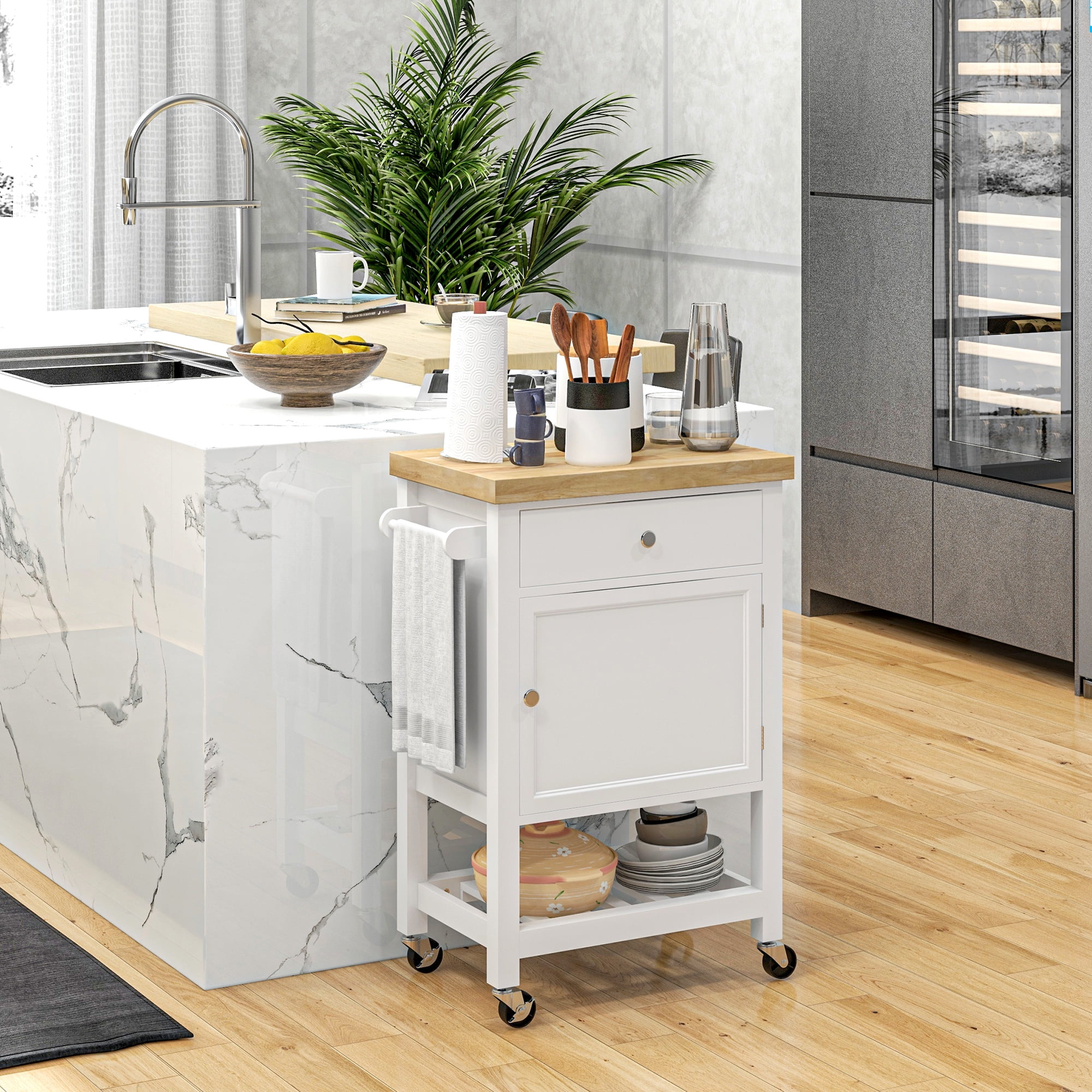 HOMCOM Utility Kitchen Cart, Rolling Kitchen Island with Rubberwood Top ...