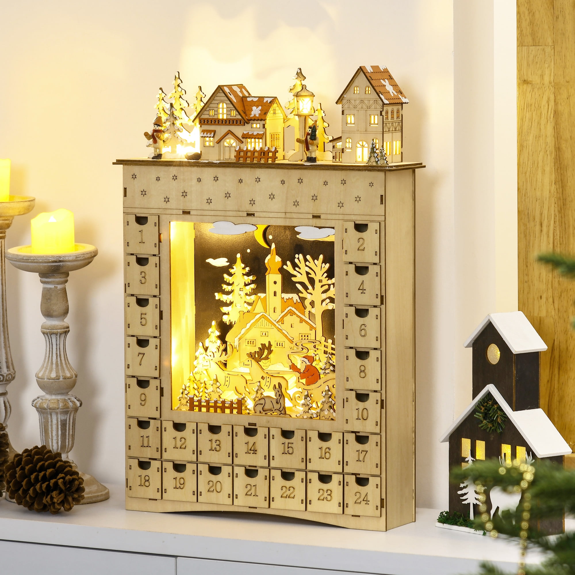 HOMCOM Refillable Wooden Christmas Advent Calendar for Adults, 24 Day ...