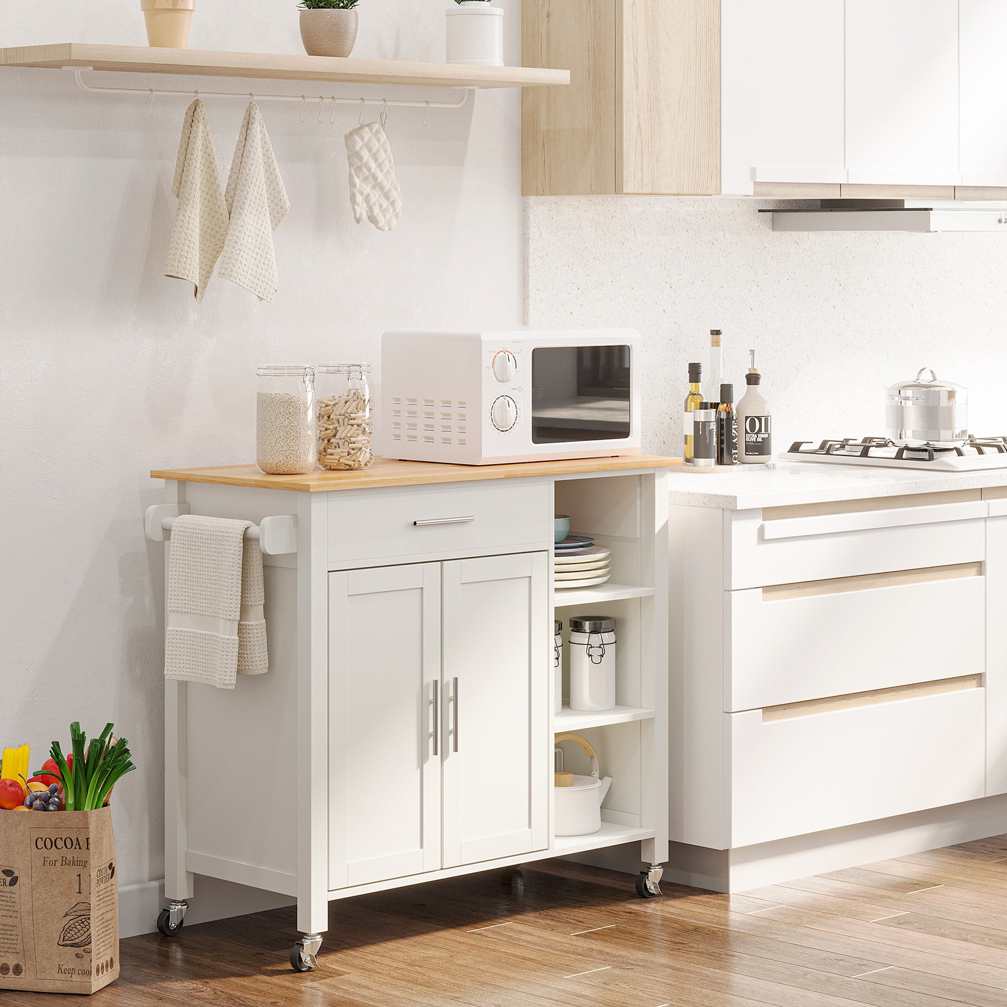 HOMCOM Wooden Rolling Kitchen Island on Wheels, Kitchen Cart with ...