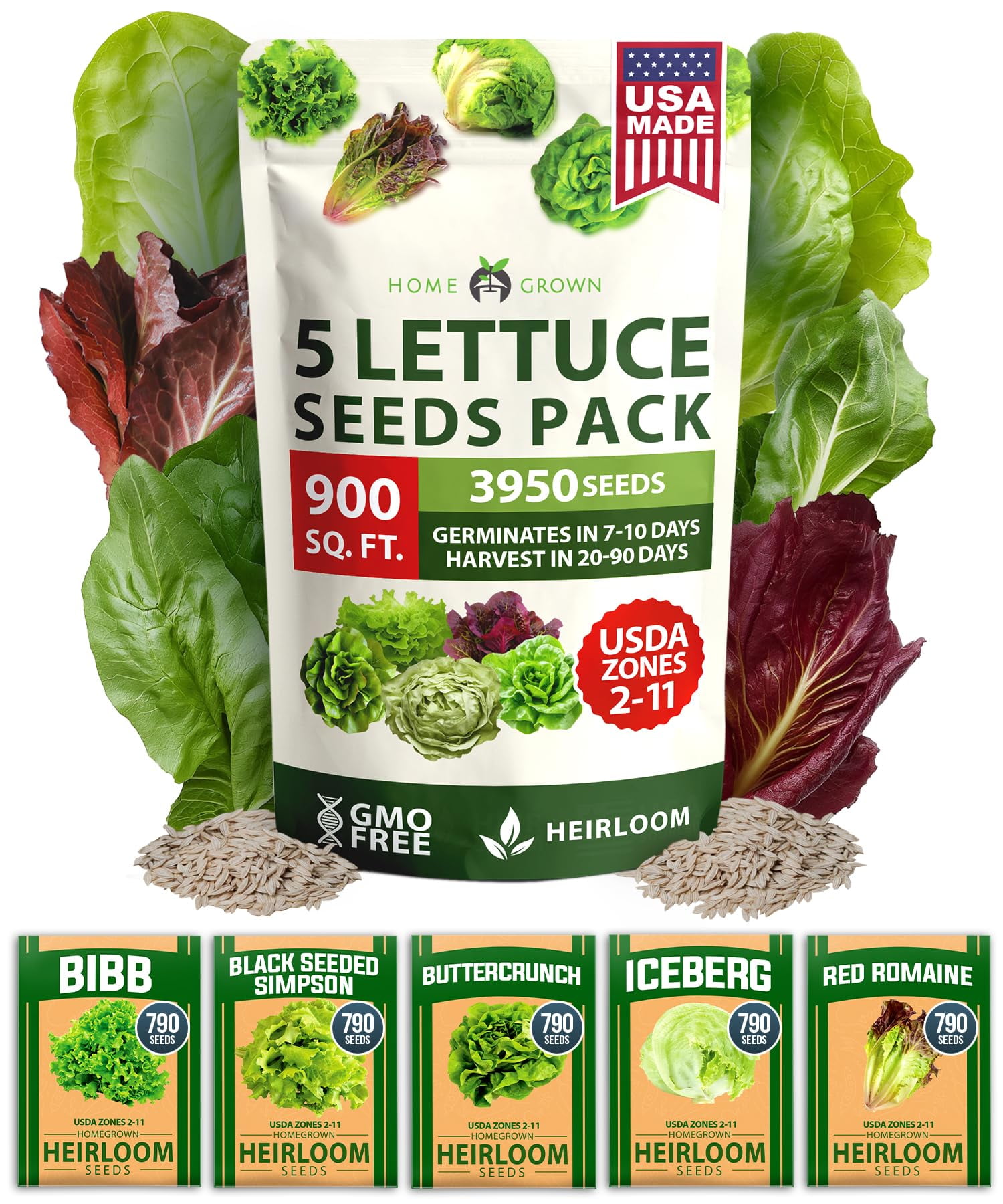 HOME GROWN 5 Lettuce Seed Pack TVS1 - 3950 Vegetable Seeds for Indoor ...