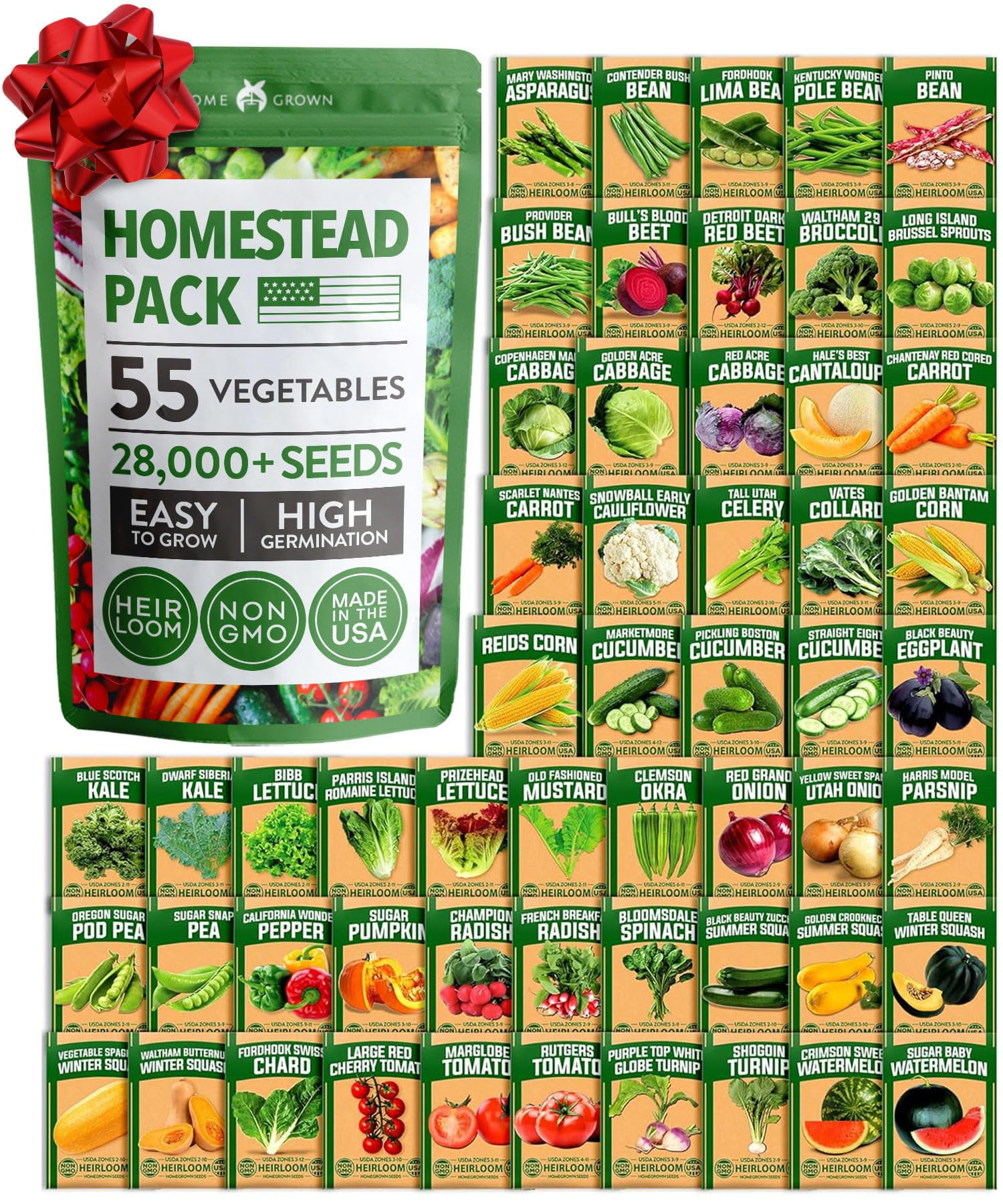 HOME GROWN 55 Vegetable Seeds Pack 28,000+ Non-GMO Heirloom Seeds for ...
