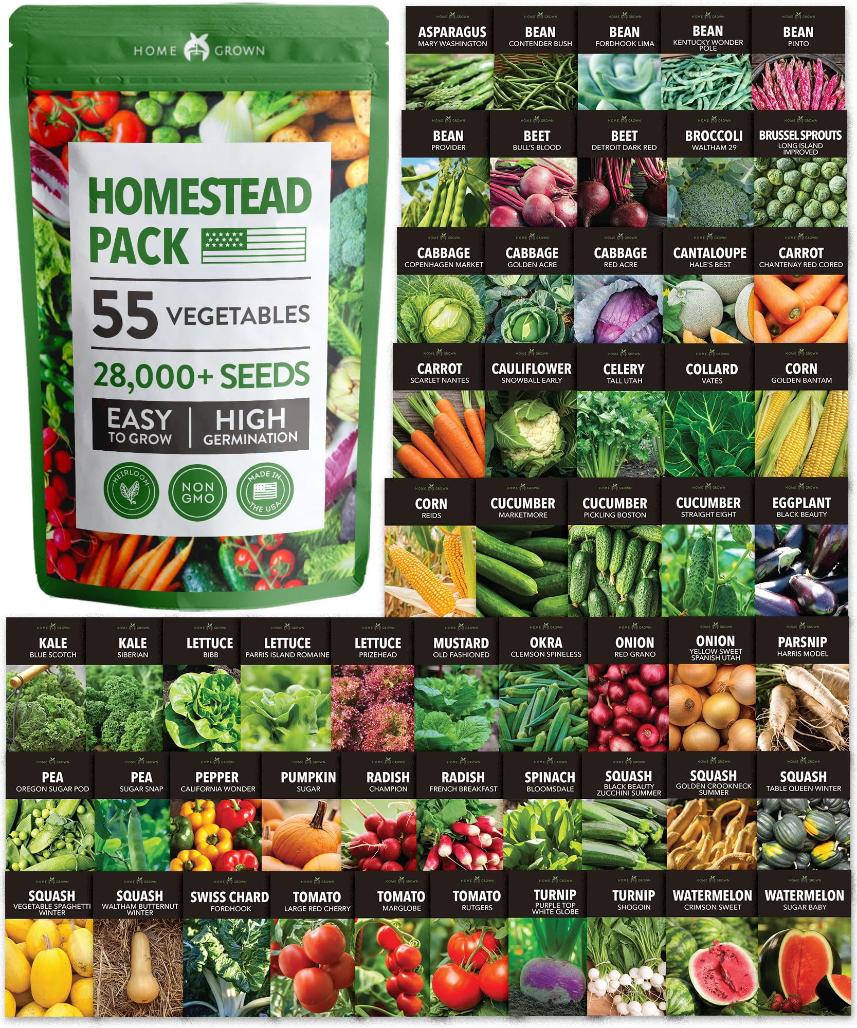 HOME GROWN 55 Vegetable Seeds Pack SMR- 28,000+ 𝗨𝗦𝗔 Seeds for Planting ...
