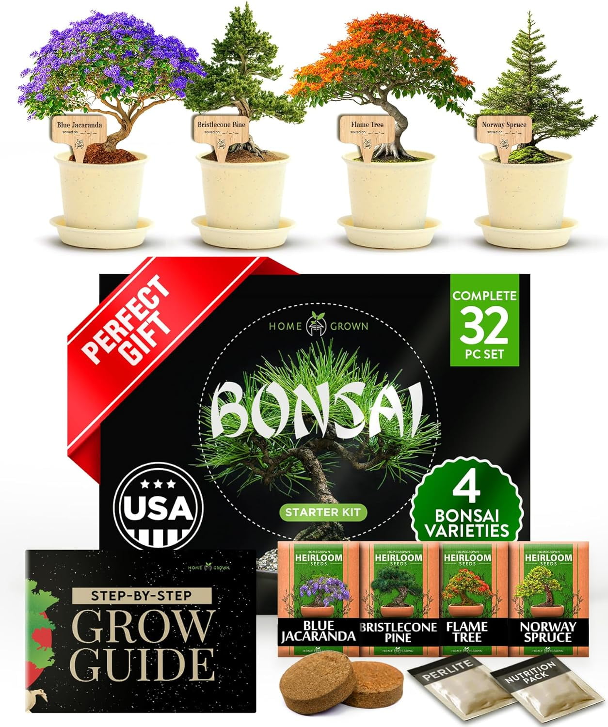 HOME GROWN Bonsai Tree Kit, Grow Your Own: Premium 4 Bonsai Trees ...