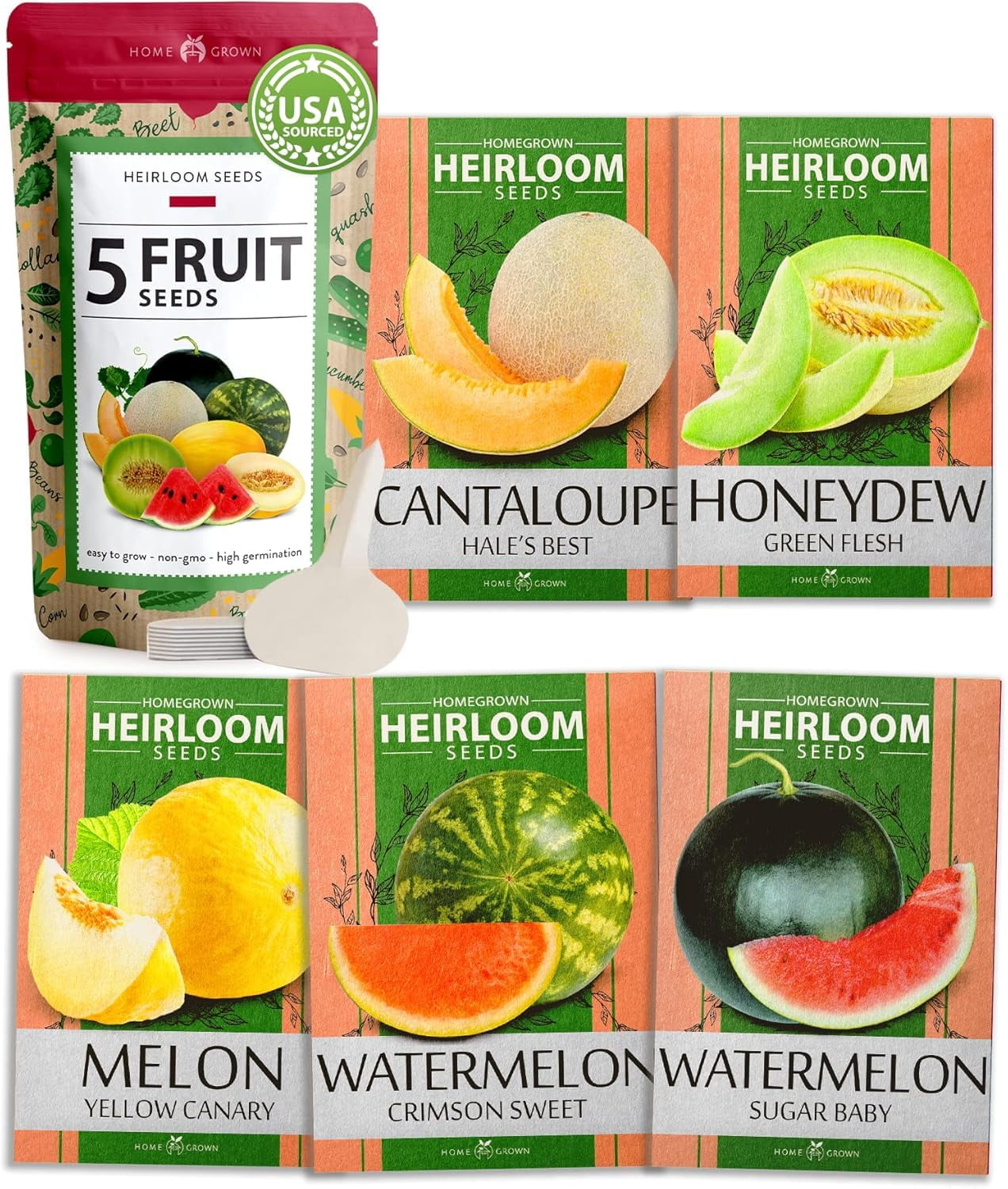 HOME GROWN Melon Seeds Variety Pack MVR1 - 5 𝗡𝗢𝗡-𝗚𝗠𝗢 Heirloom Fruit ...
