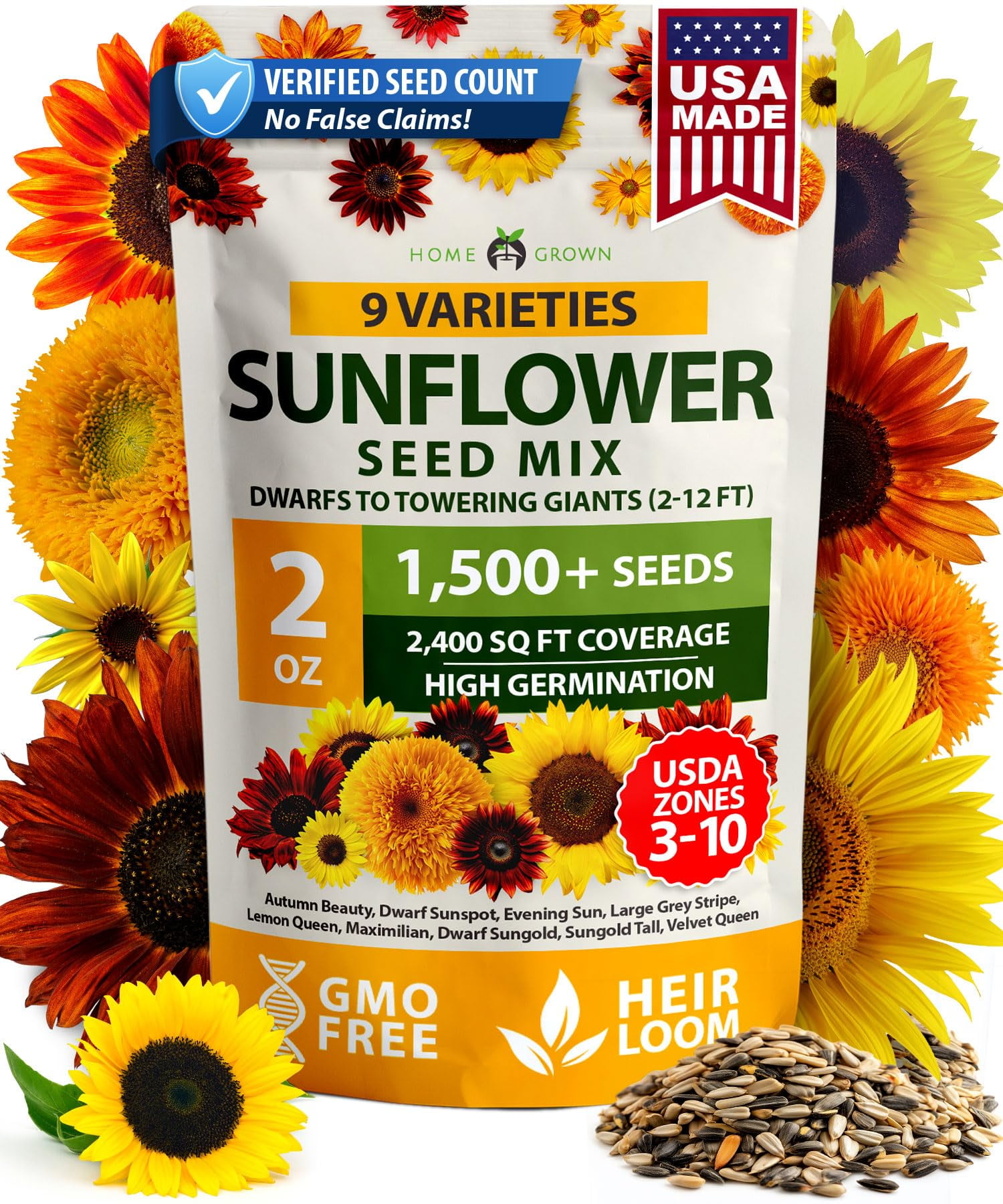 HOME GROWN Sunflower Seeds Mix Pack ZLK1 (1,500+) 9 Colorful Varieties ...