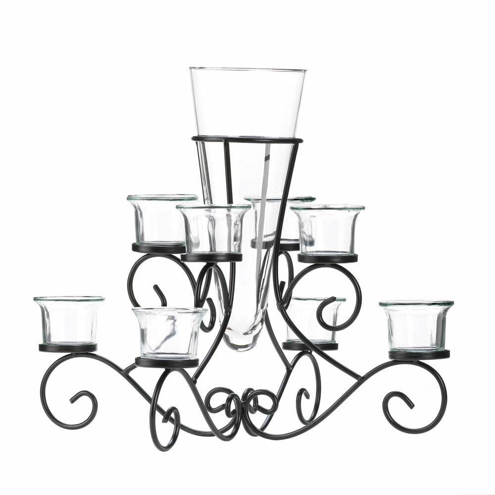 HOME LIGHTING DECOR SCROLLWORK 6 CANDLE STAND WITH VASE IRON GLASS ...