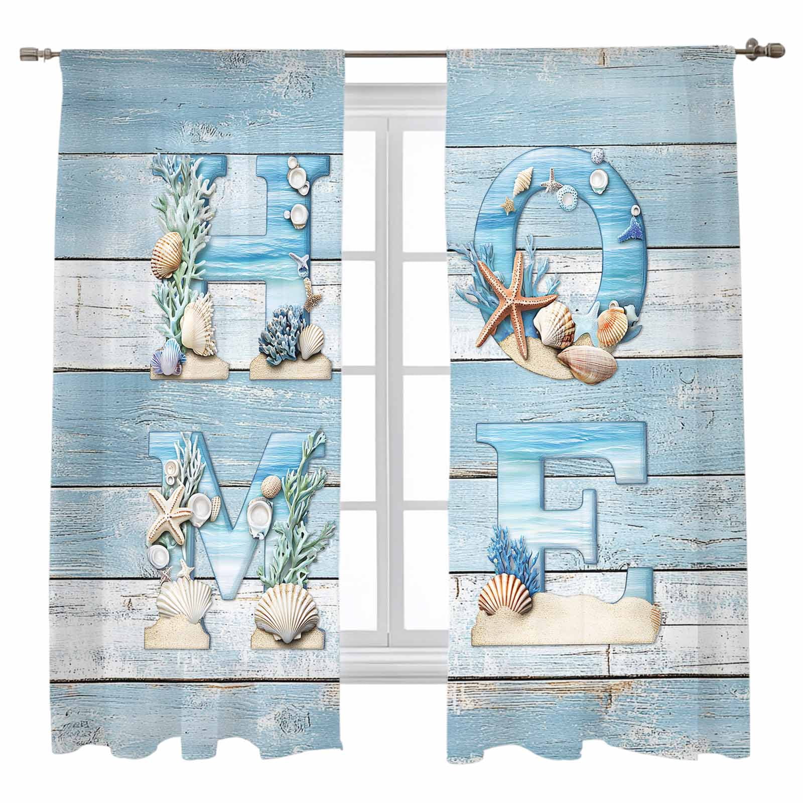 HOME Sheer Curtains 2 Panels Set, Beach Coastal Starfish Shell Window ...