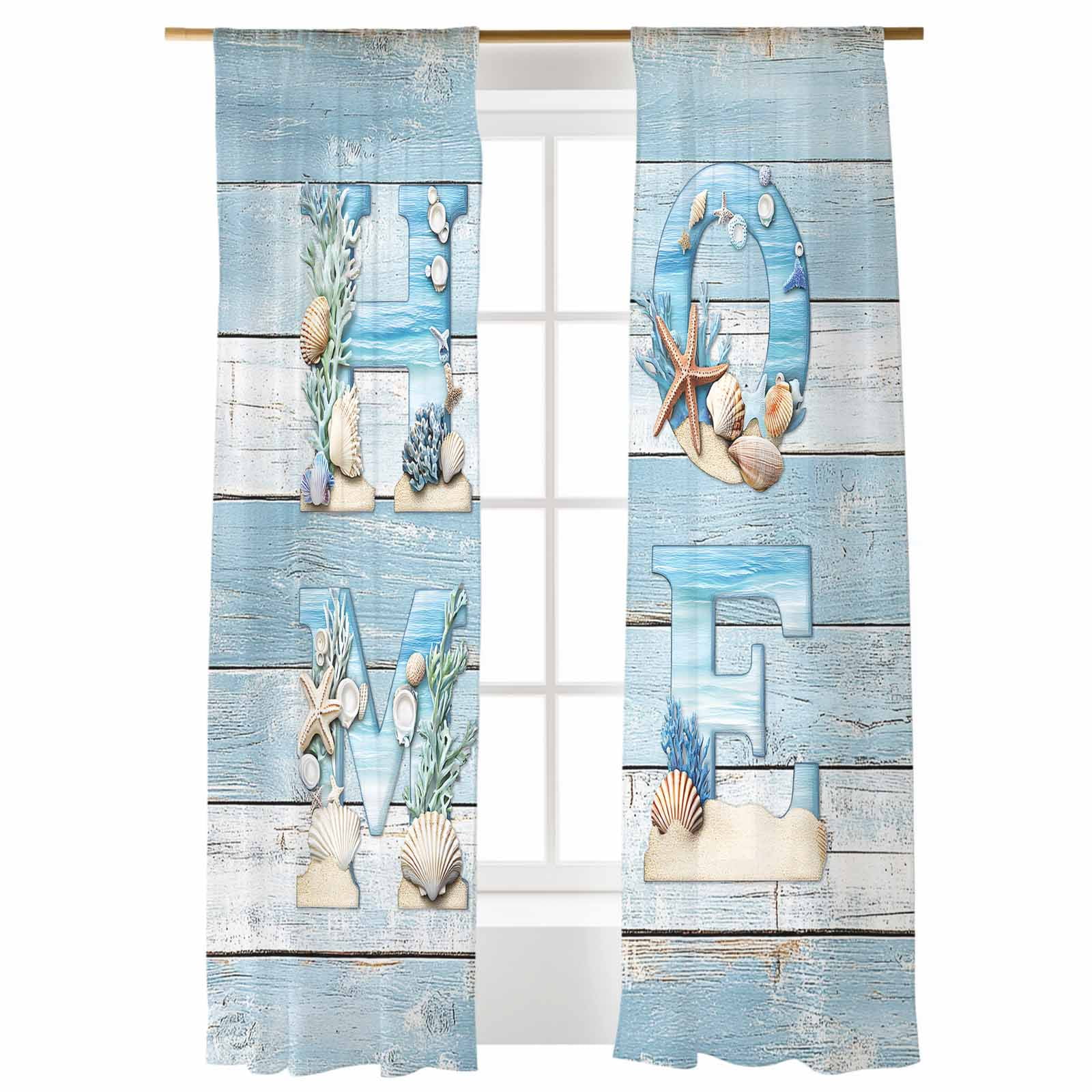 HOME Sheer Curtains 2 Panels Set, Beach Coastal Starfish Shell Window ...