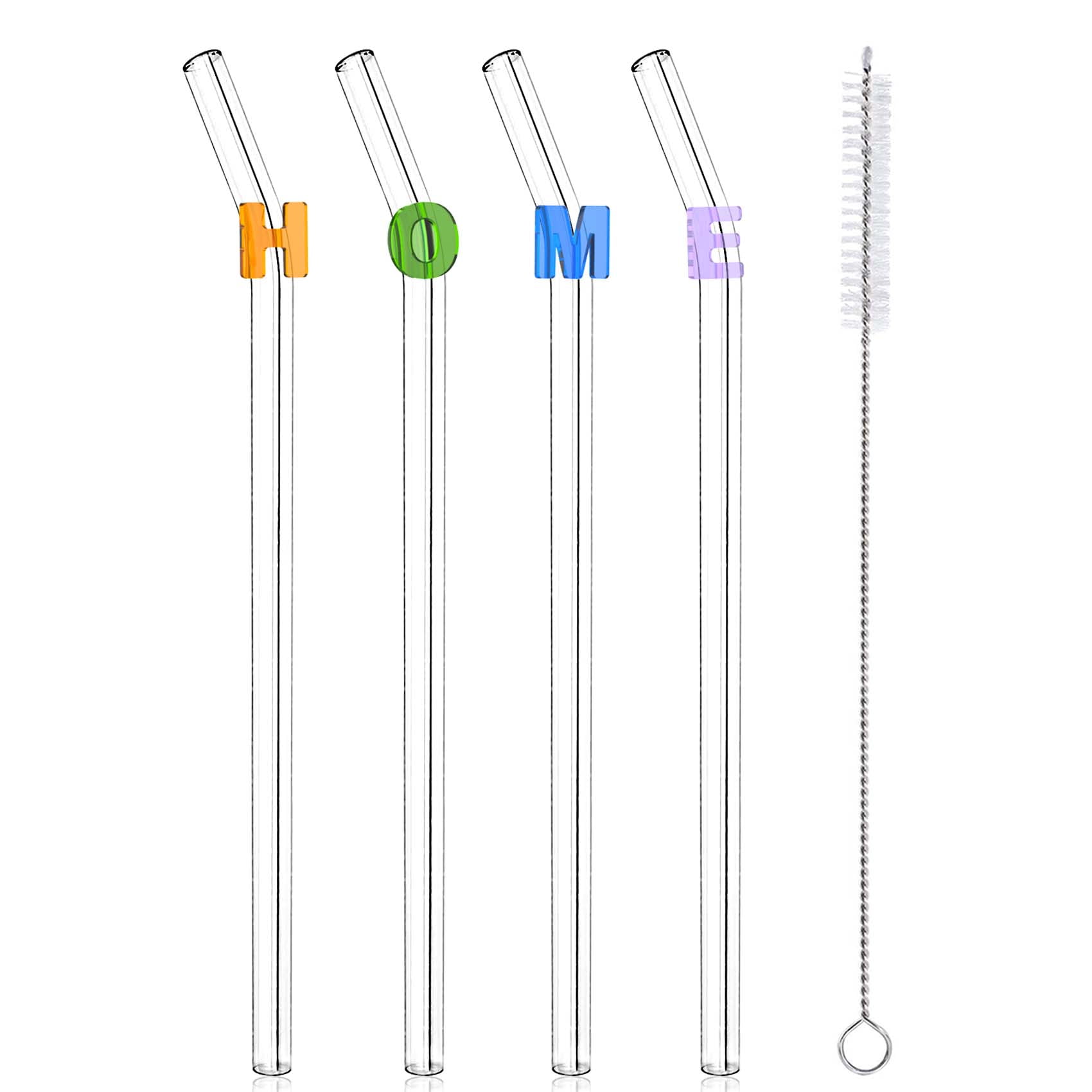 4-Pack Reusable Glass Straws with H-O-M-E Charms - Shatter-Resistant ...
